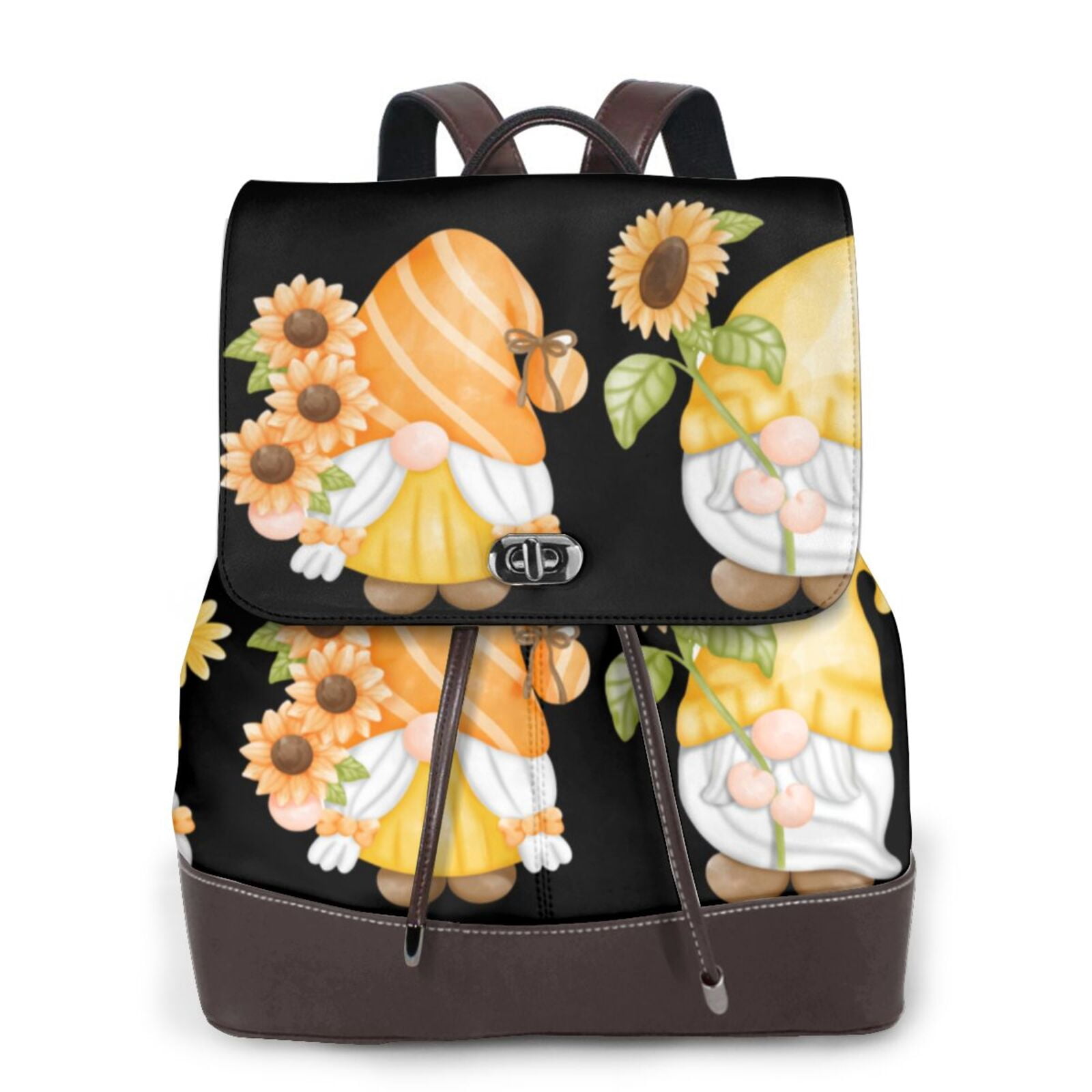 Adobk Hello Spring Sunflower Gnomes Print Leather Backpack Vintage ...