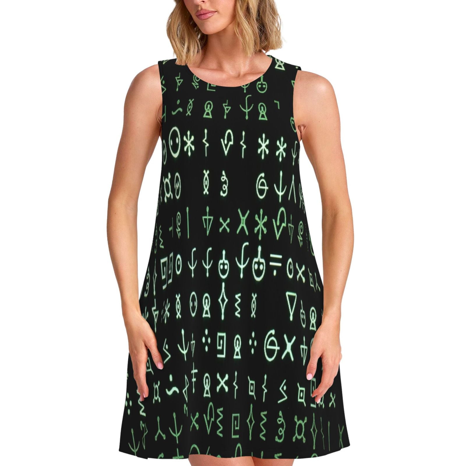 Adobk Hieroglyphic Symbols Print Women's Sleeveless Dress, Loose Fit ...
