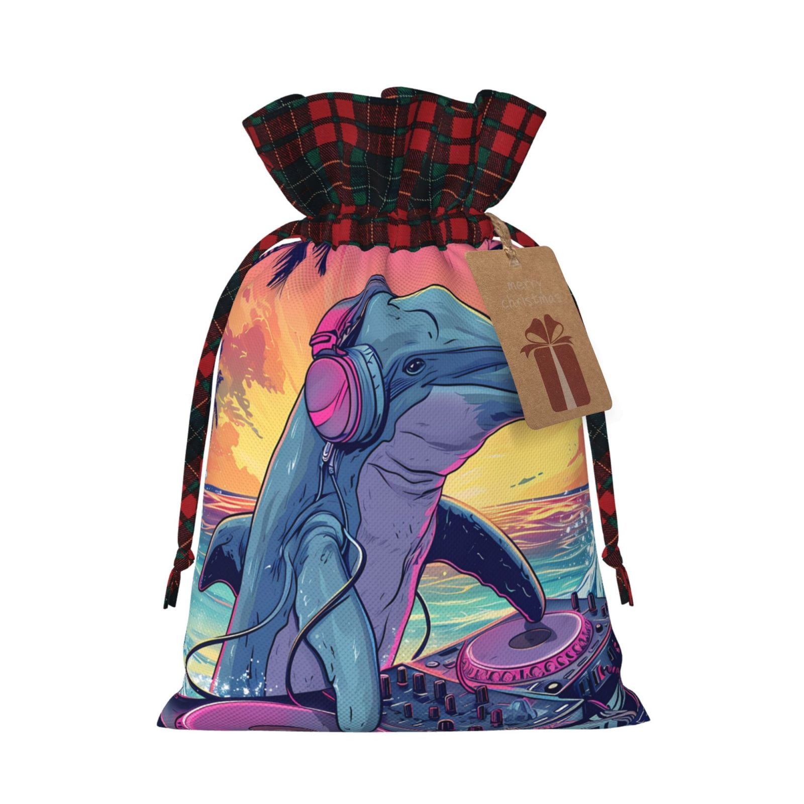 Adobk Hip-Hop DJ Dolphin Print Holiday Drawstring Gift Bags, Christmas Gift Wrapping Sacks ...