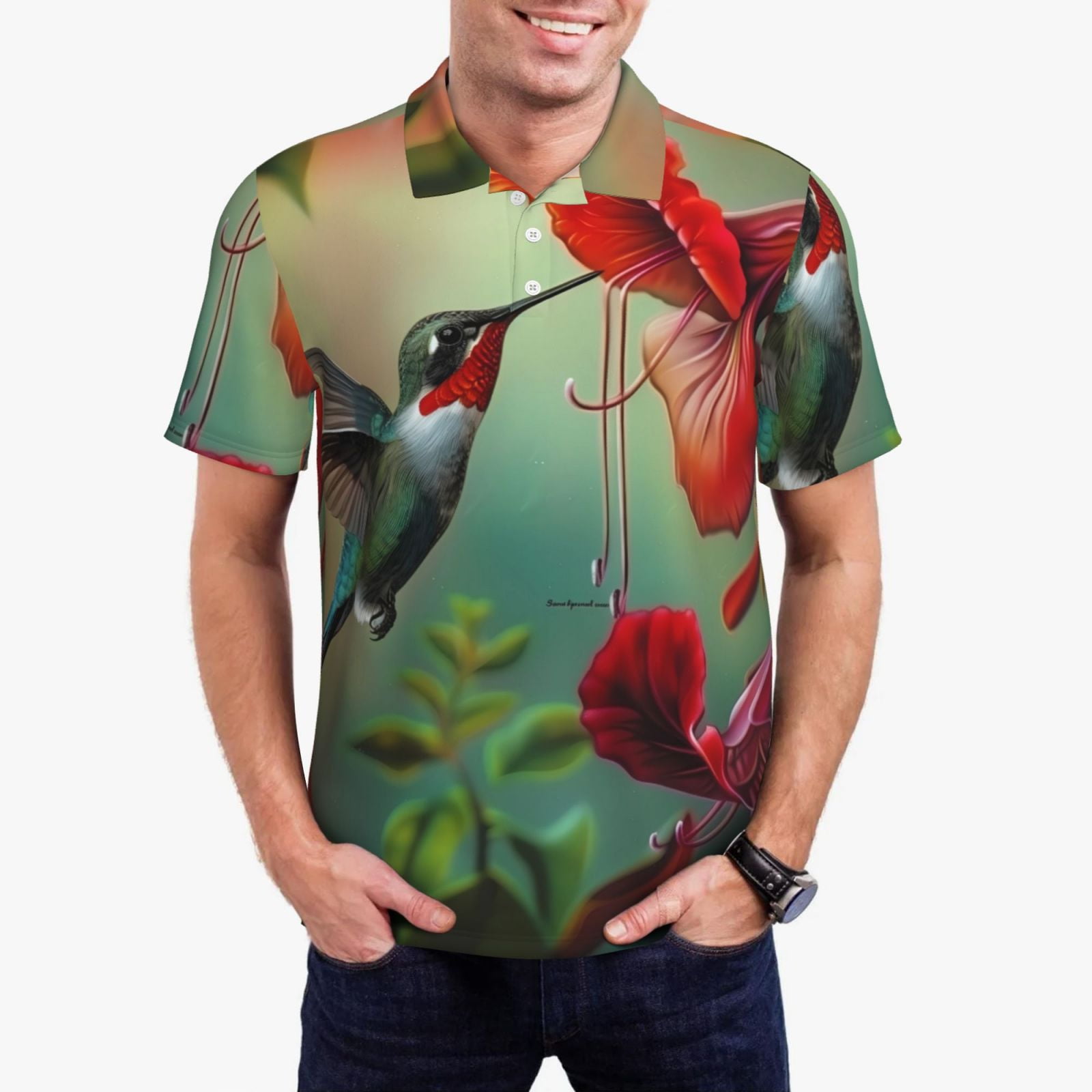 Adobk Hummingbird Floral Paradise Print Men’s Classic Polo Shirt Short ...