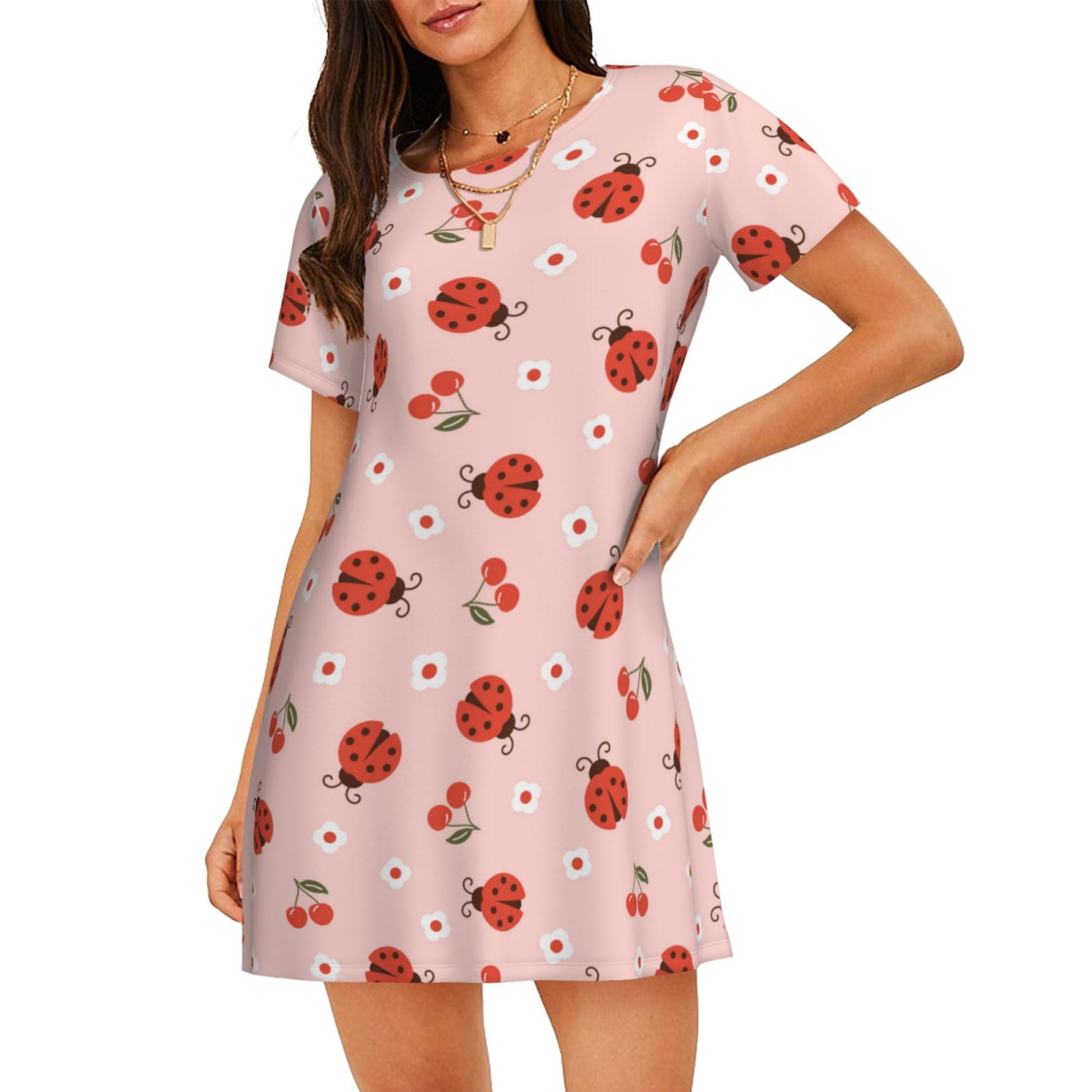 Adobk Ladybug With Flower Print Womens Short Sleeve Sleepshirt ...