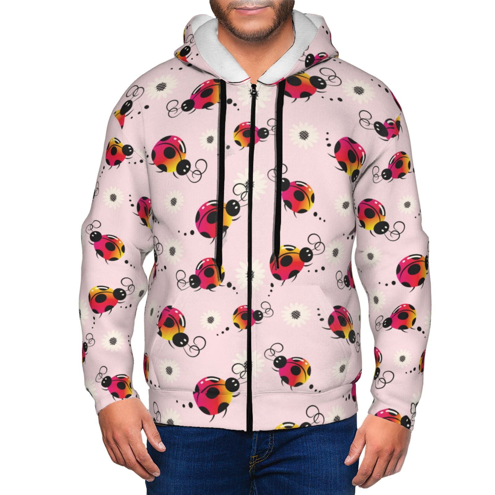 Adobk Ladybugs And Flower Print Mens Full-zip Hoodie, Zip-up Hooded ...