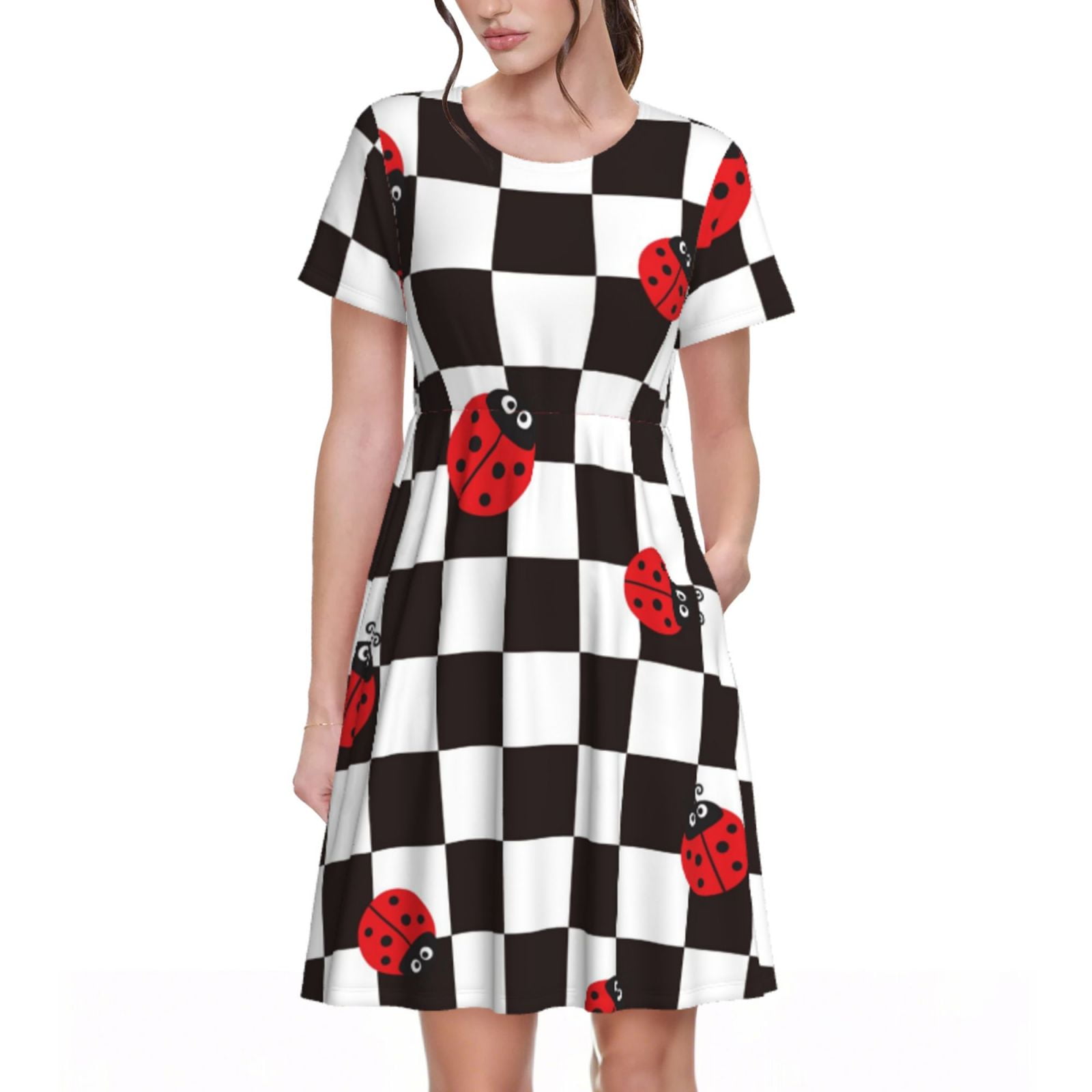 Adobk Ladybugs Of Black And White Checkers Print Women’s Short Sleeve ...