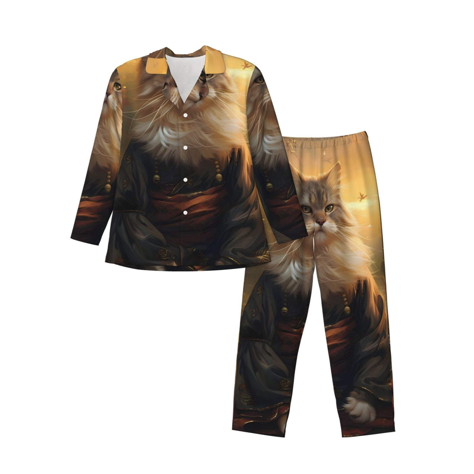 Adobk Lakeside Flower Field Cat Print Mens Pajamas Set Long Sleeve Soft ...