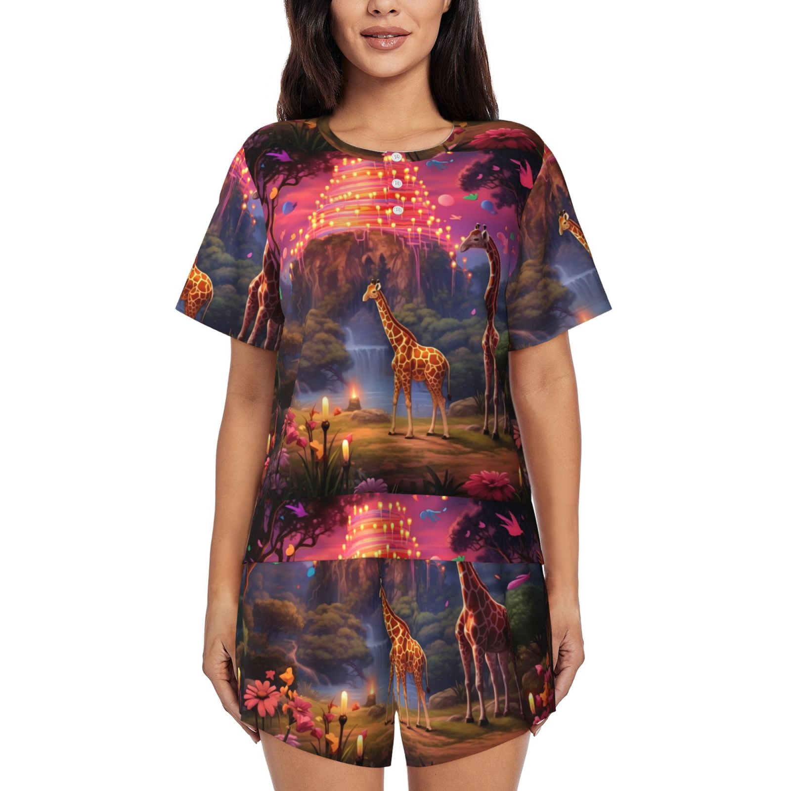 Adobk Lantern Giraffes Magical Forest Print Women Pajamas Sets for ...