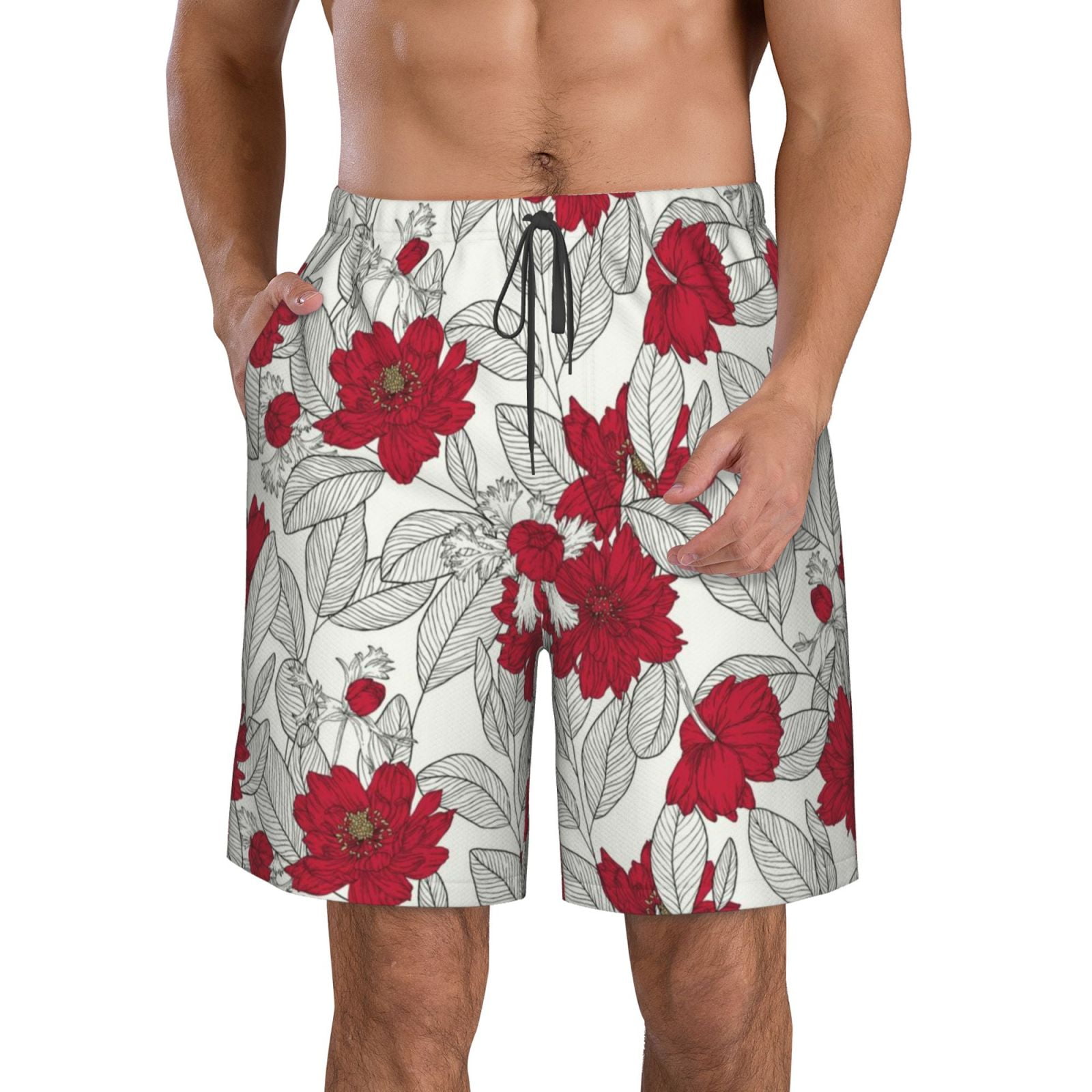 Adobk Leaves And Anemone Flowers In Red Grey Print Men's Swim Trunks ...