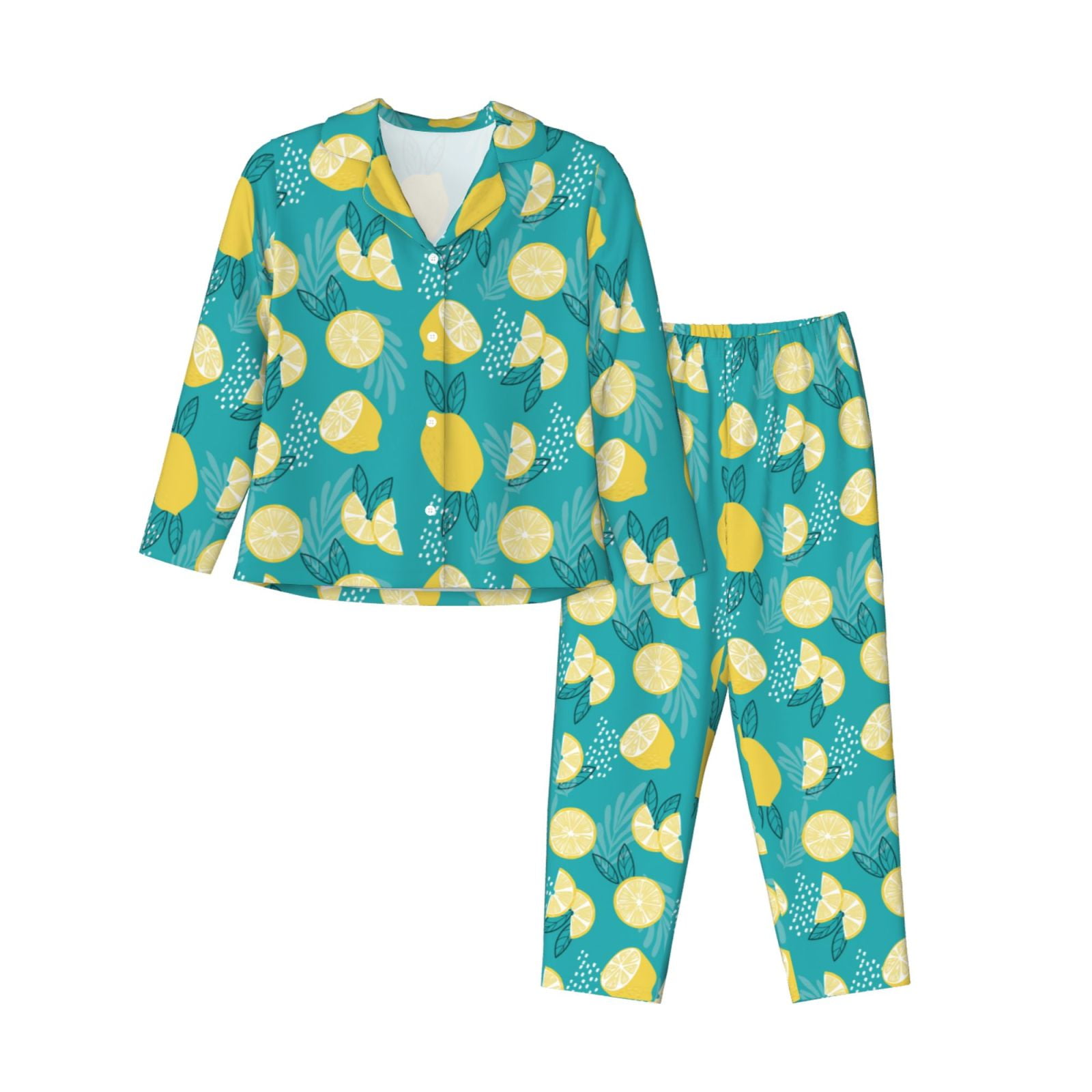 Adobk Lemon Blue Print Pajamas Set Long Sleeve Sleepwear Womens Button ...