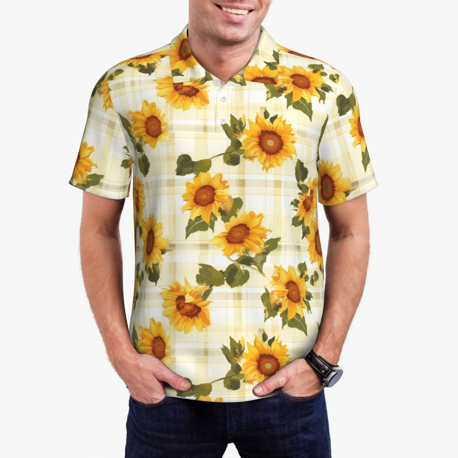 Adobk Light Green Plaid Sunflower Print Men’s Classic Polo Shirt Short ...
