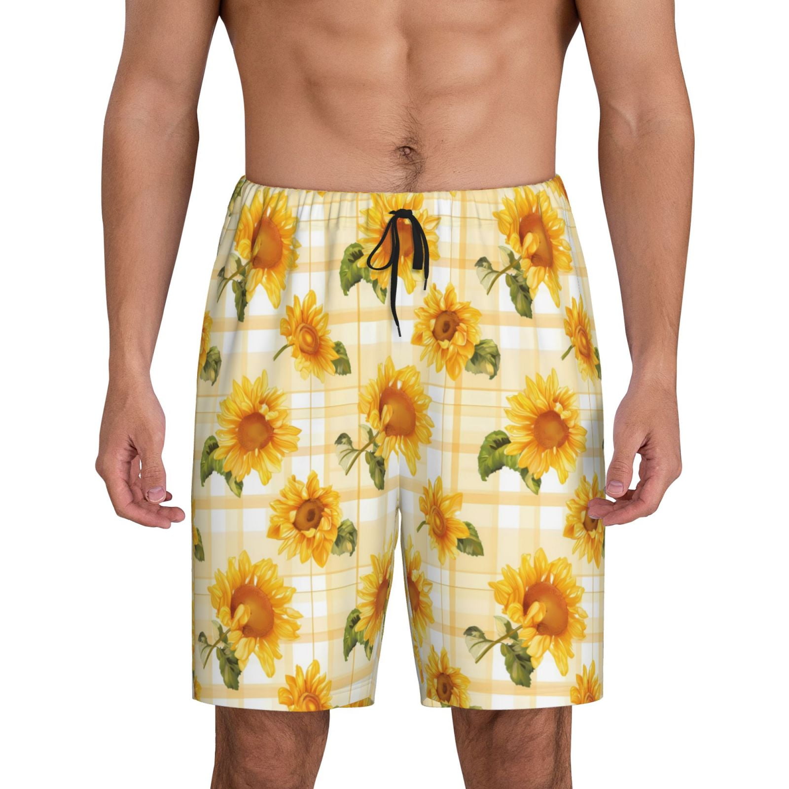 Adobk Light Yellow Plaid Sunflower Print Pajama Shorts for Men Pjs ...