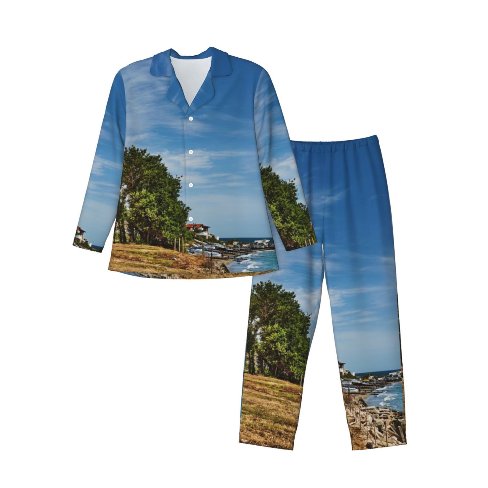 Adobk Lighthous Print Mens Pajamas Set Long Sleeve Soft Pajamas for Men ...