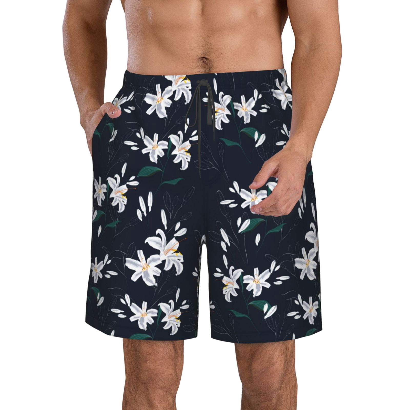 Adobk Lilies Flowers Print Men's Swim Trunks Hawaiian Bathing Suit ...