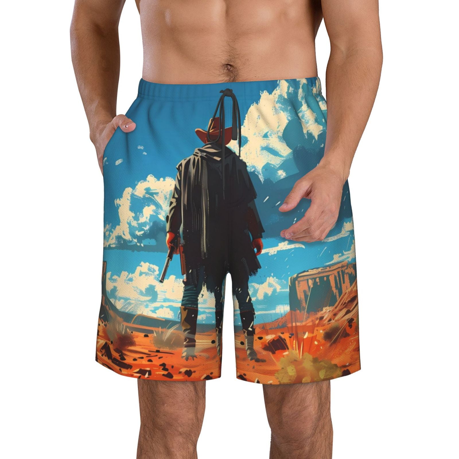 Adobk Lone Cowboy Desert Scene Print Men's Swim Trunks Hawaiian Bathing ...