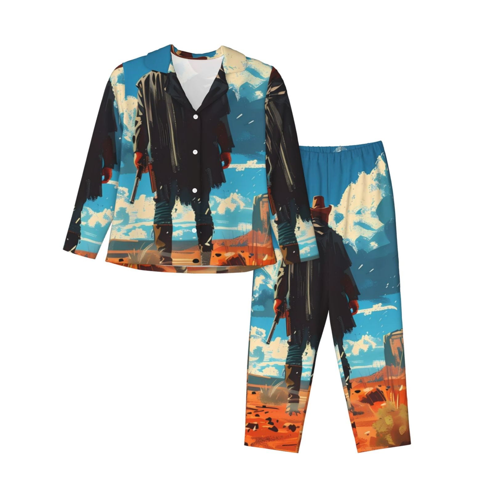Adobk Lone Cowboy Desert Scene Print Pajamas Set Long Sleeve Sleepwear ...
