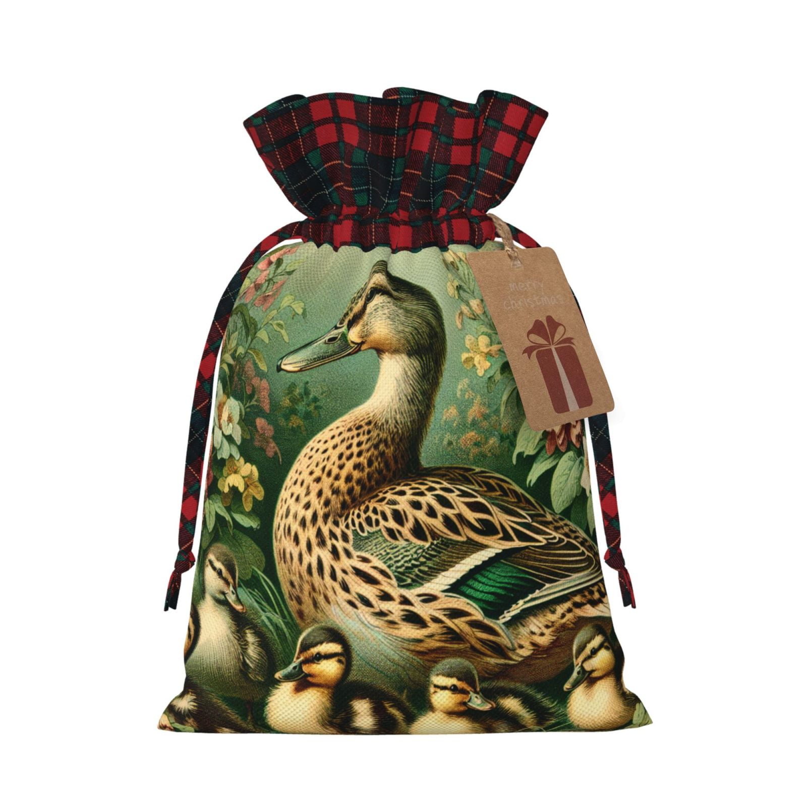 Adobk Mallard Duck And Flowers Print Holiday Drawstring Gift Bags ...
