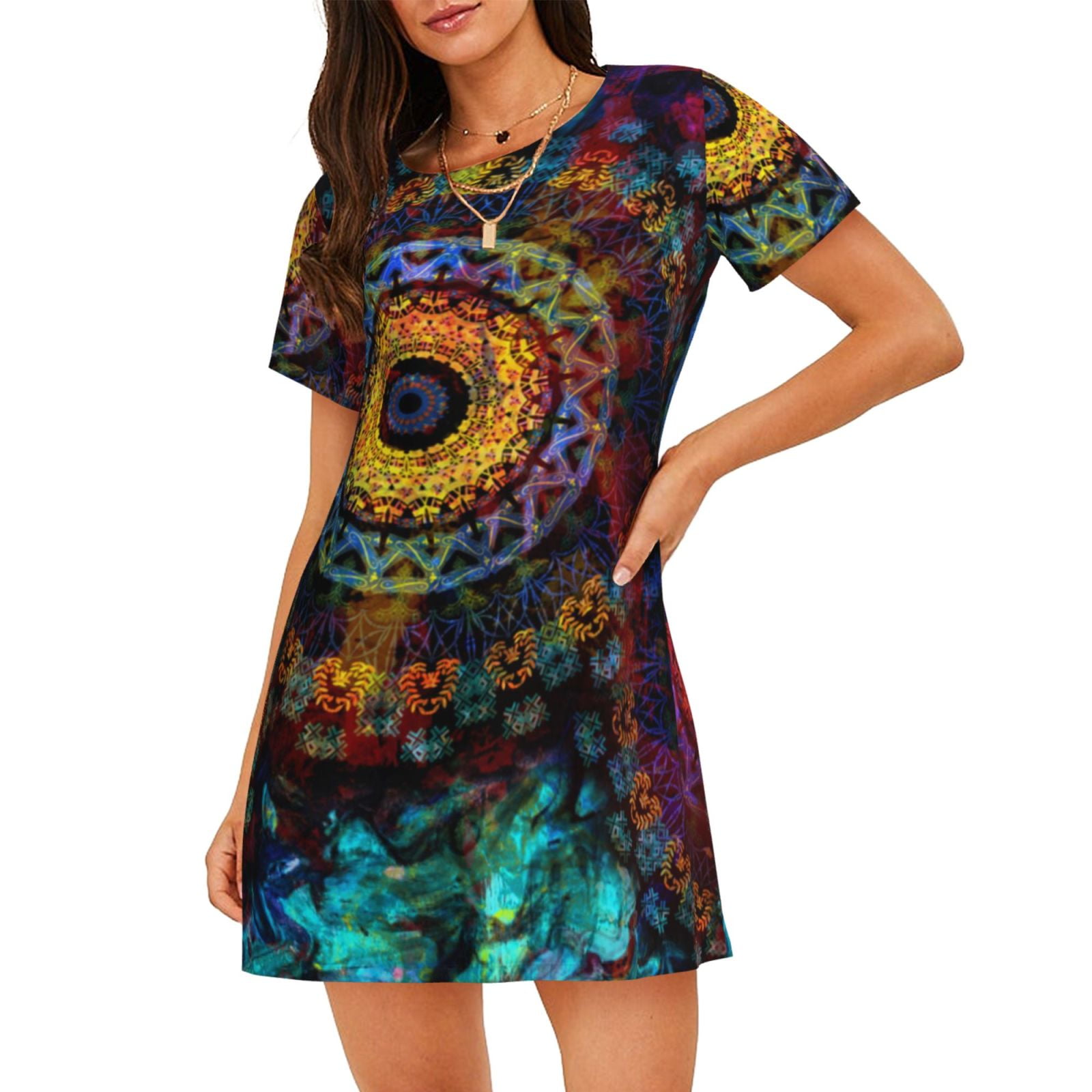 Adobk Mandala Colorful Print Womens Short Sleeve Sleepshirt Scoopneck ...