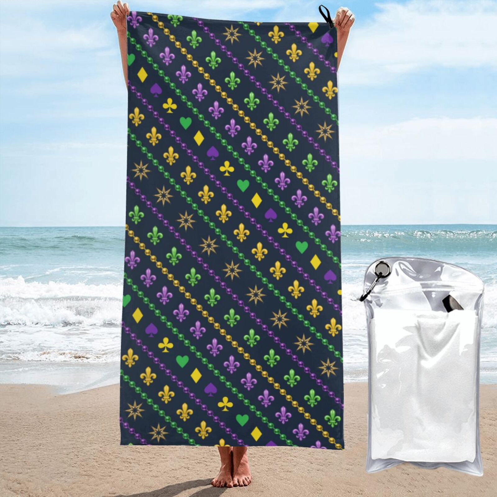 Adobk Mardi Gras Strings Of Beads Beach Towel 27.5"X55" Sand Free Quick ...