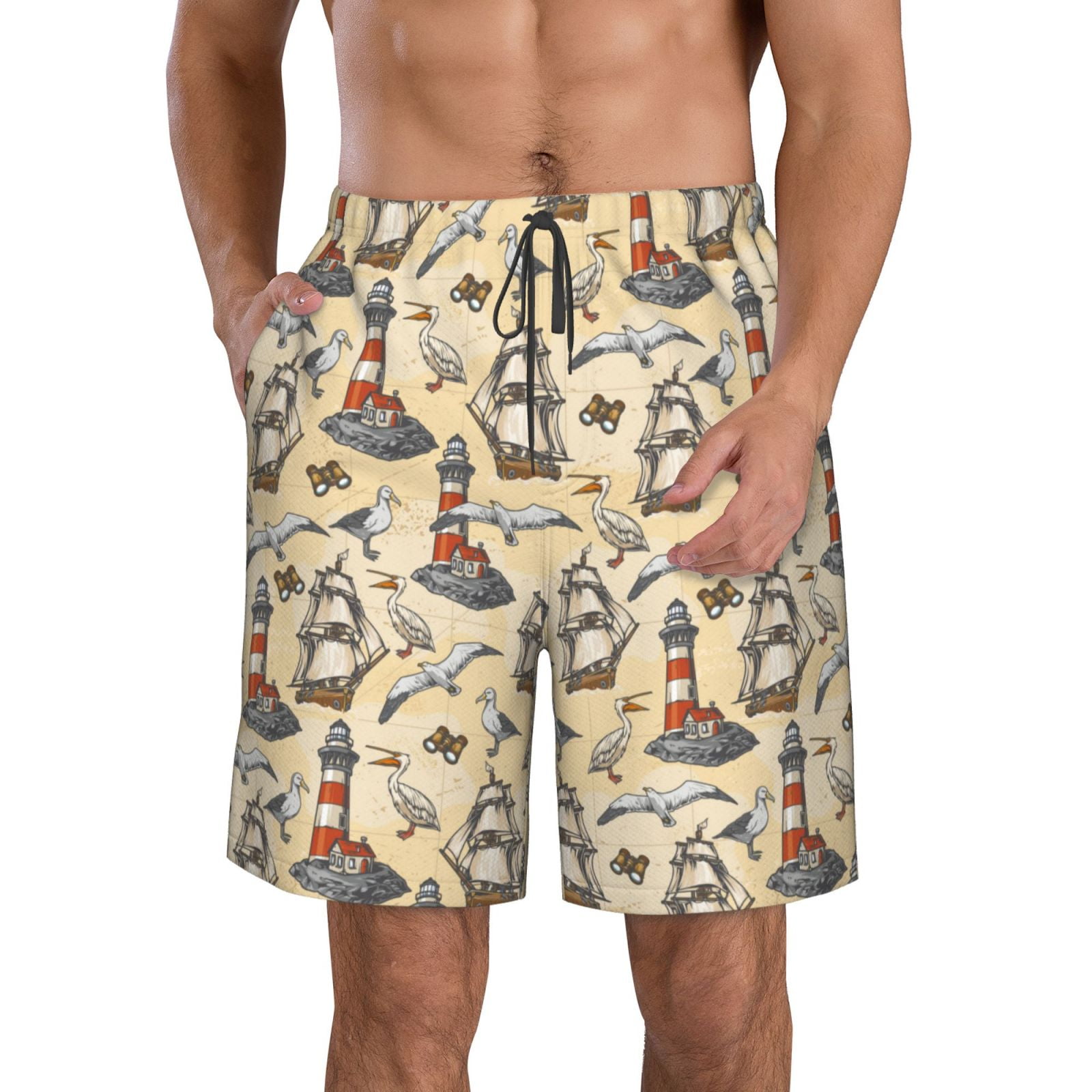 Adobk Marine Birds And Coastal Lighthouse Print Men's Swim Trunks ...
