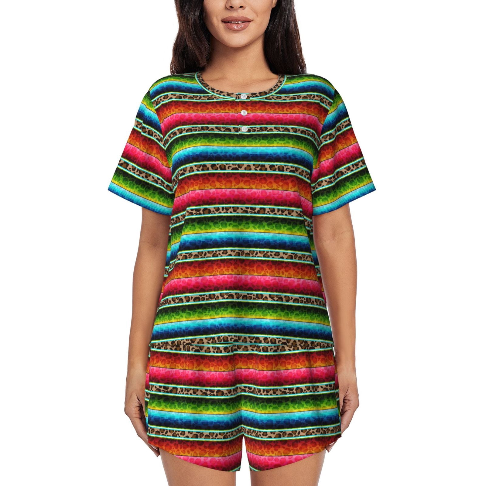Adobk Mexican Leopard Serape Blanket Stripes Print Women Pajamas Sets ...