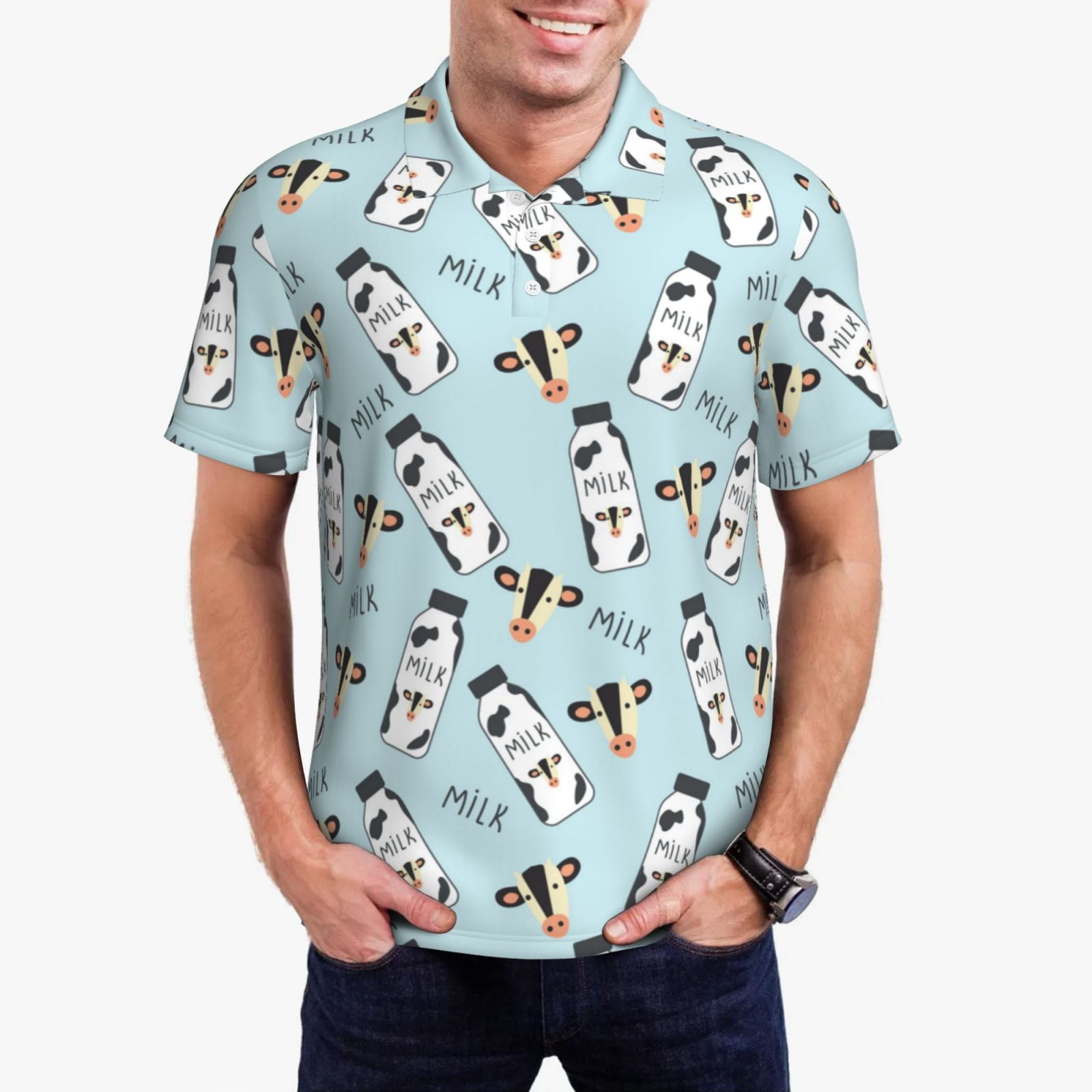 Adobk Milk Bottles And Cow Head Print Men’s Classic Polo Shirt Short ...