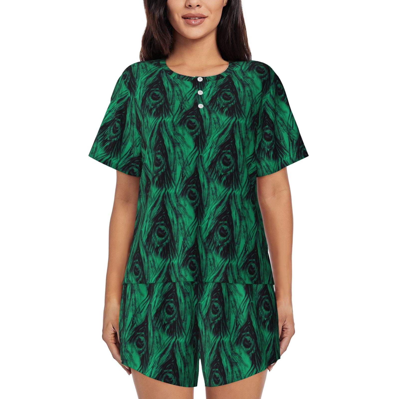 Adobk Mint Bird Feathers Print Women Pajamas Sets for Short-Sleeved ...