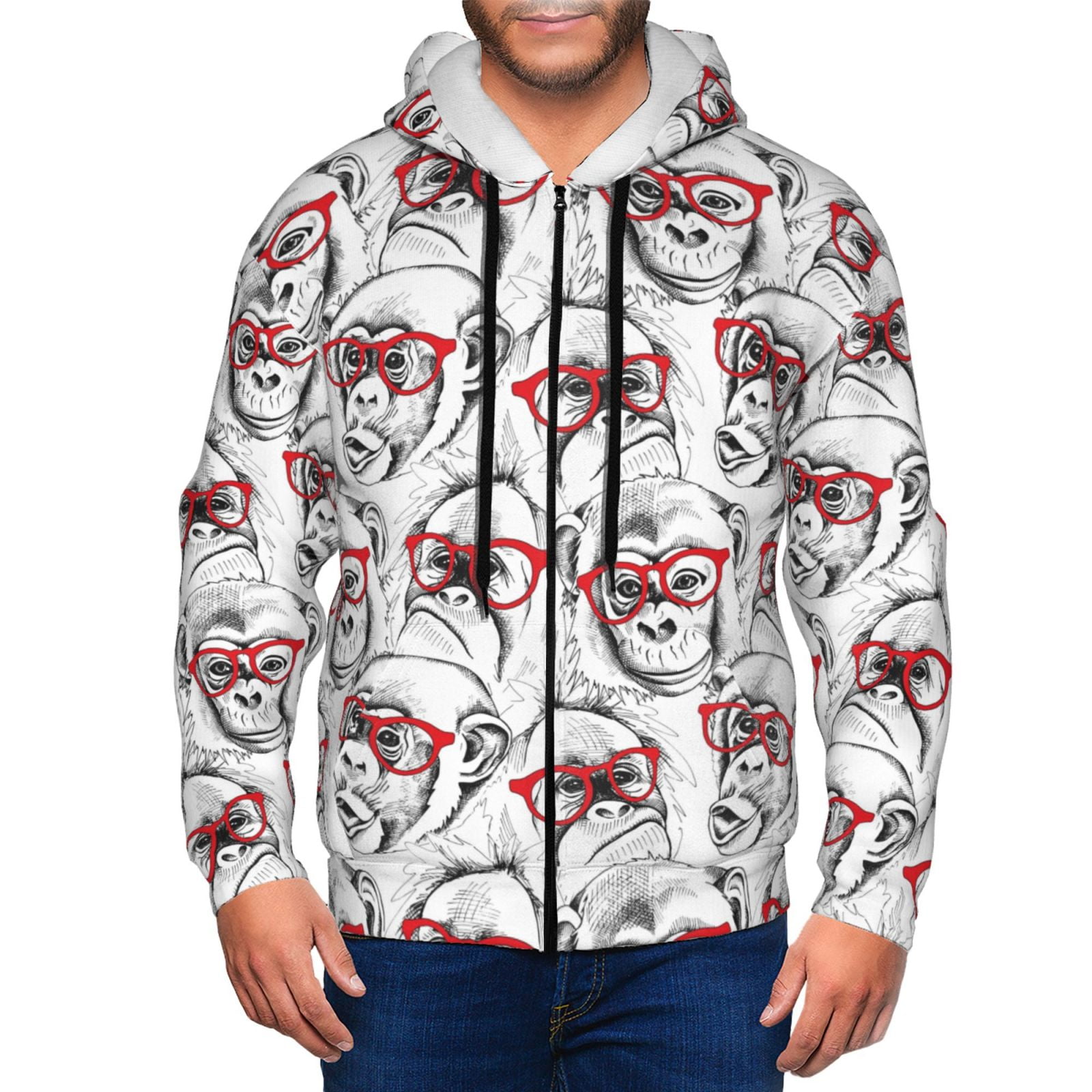 Adobk Monkey Print Mens Full-zip Hoodie, Zip-up Hooded Sweatshirt,Pullover & Full Zip-Small ...