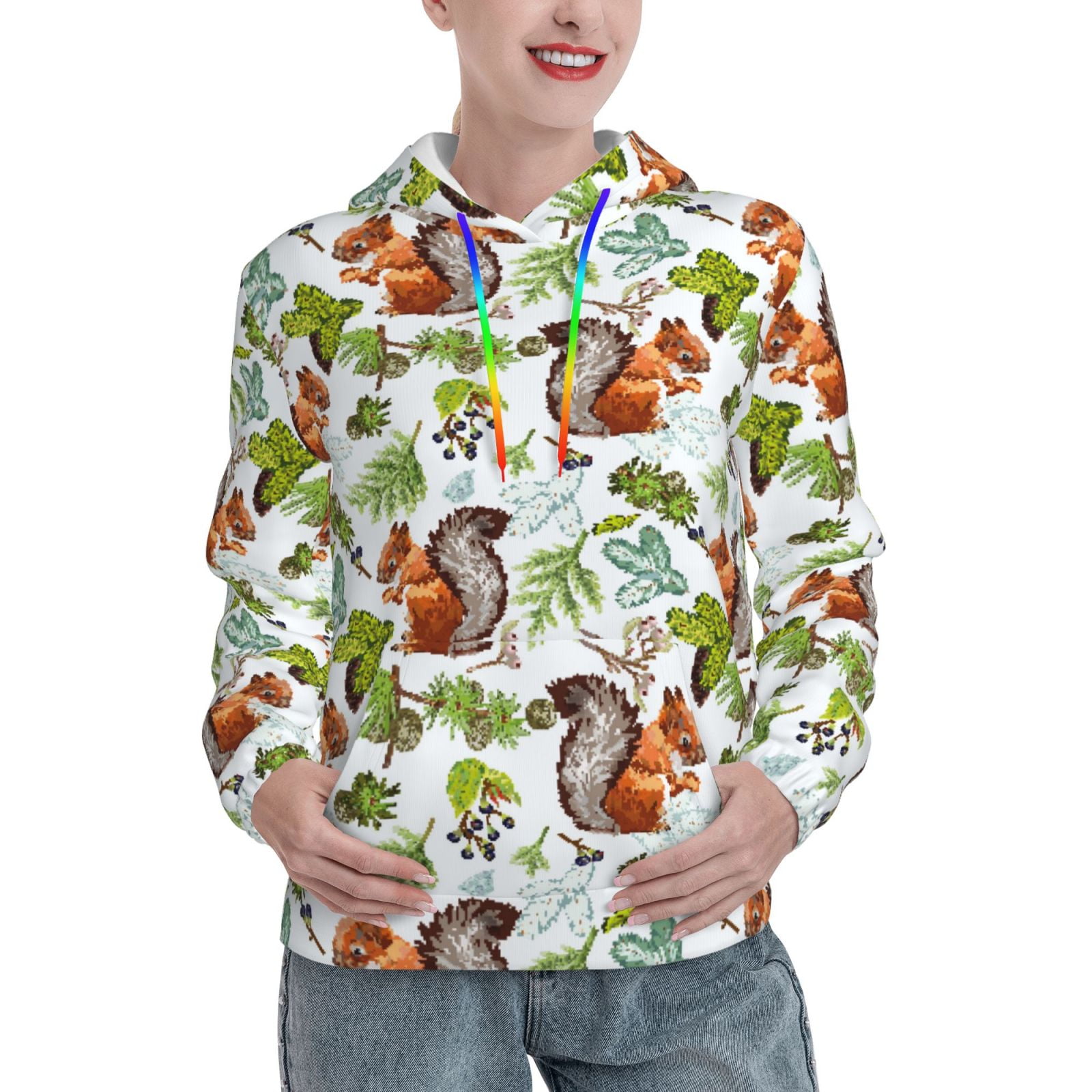 Adobk Mosaic Forest Squirrel Print Womens Casual Hoodies Long Sleeve ...