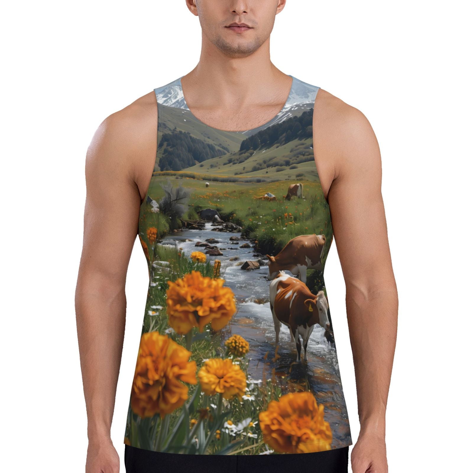 Adobk Mountain Cows Flower Stream Print Men's Workout Tank Tops Sleeveless Mesh Muscle Gym Shirt ...