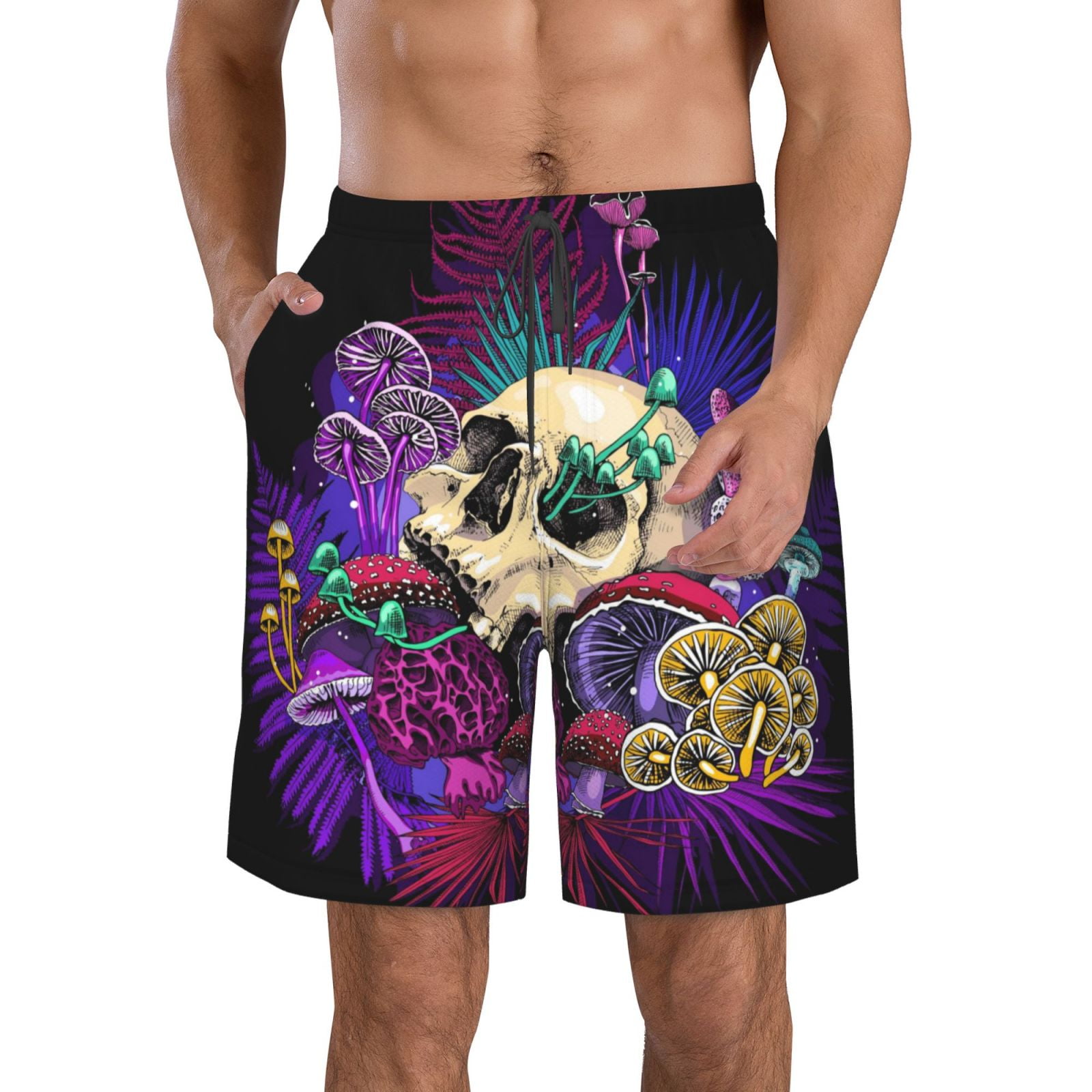 Adobk Mushrooms and Skull Print Men's Swim Trunks Hawaiian Bathing Suit ...
