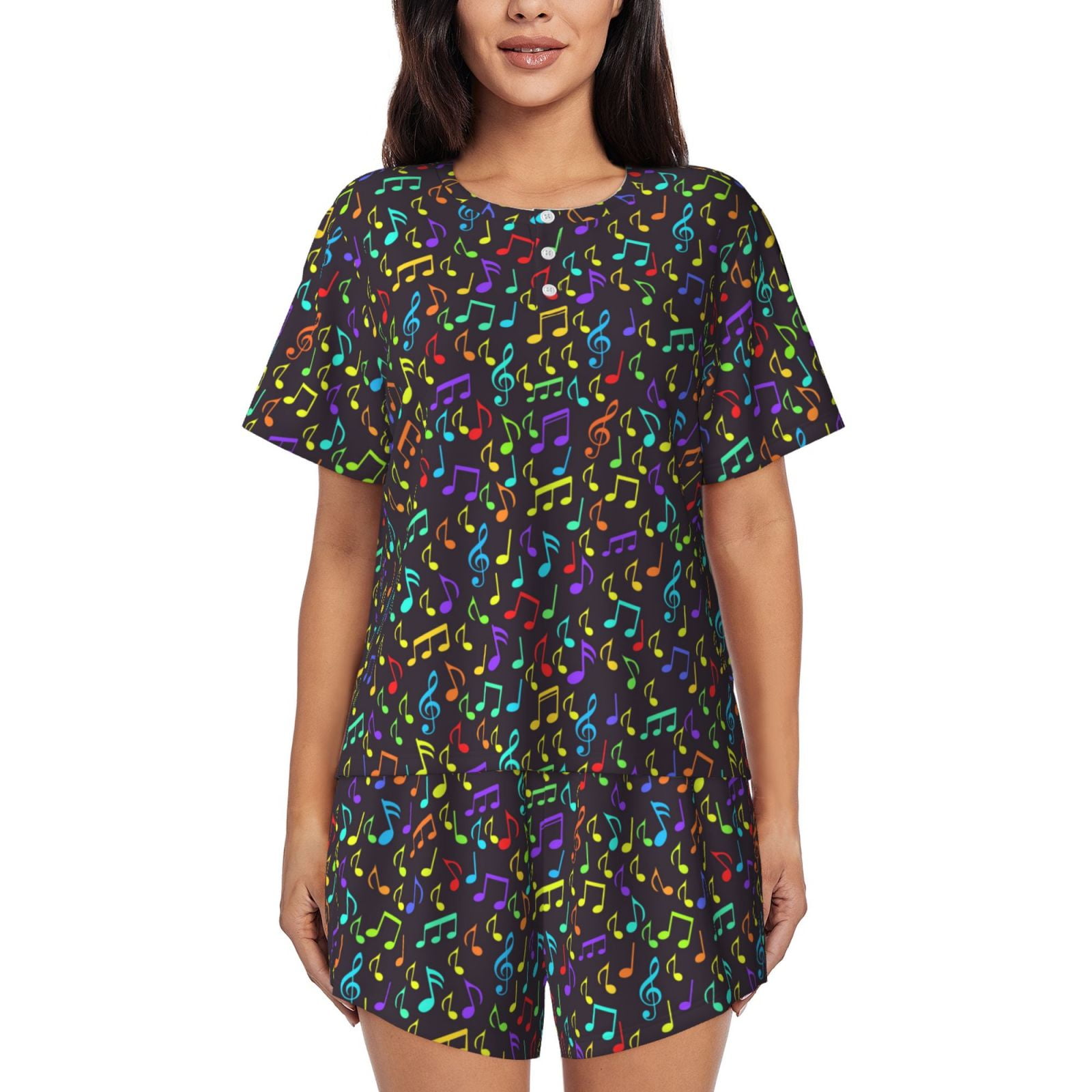 Adobk Musical Notes Print Women Pajamas Sets for Short-Sleeved，Shorts ...