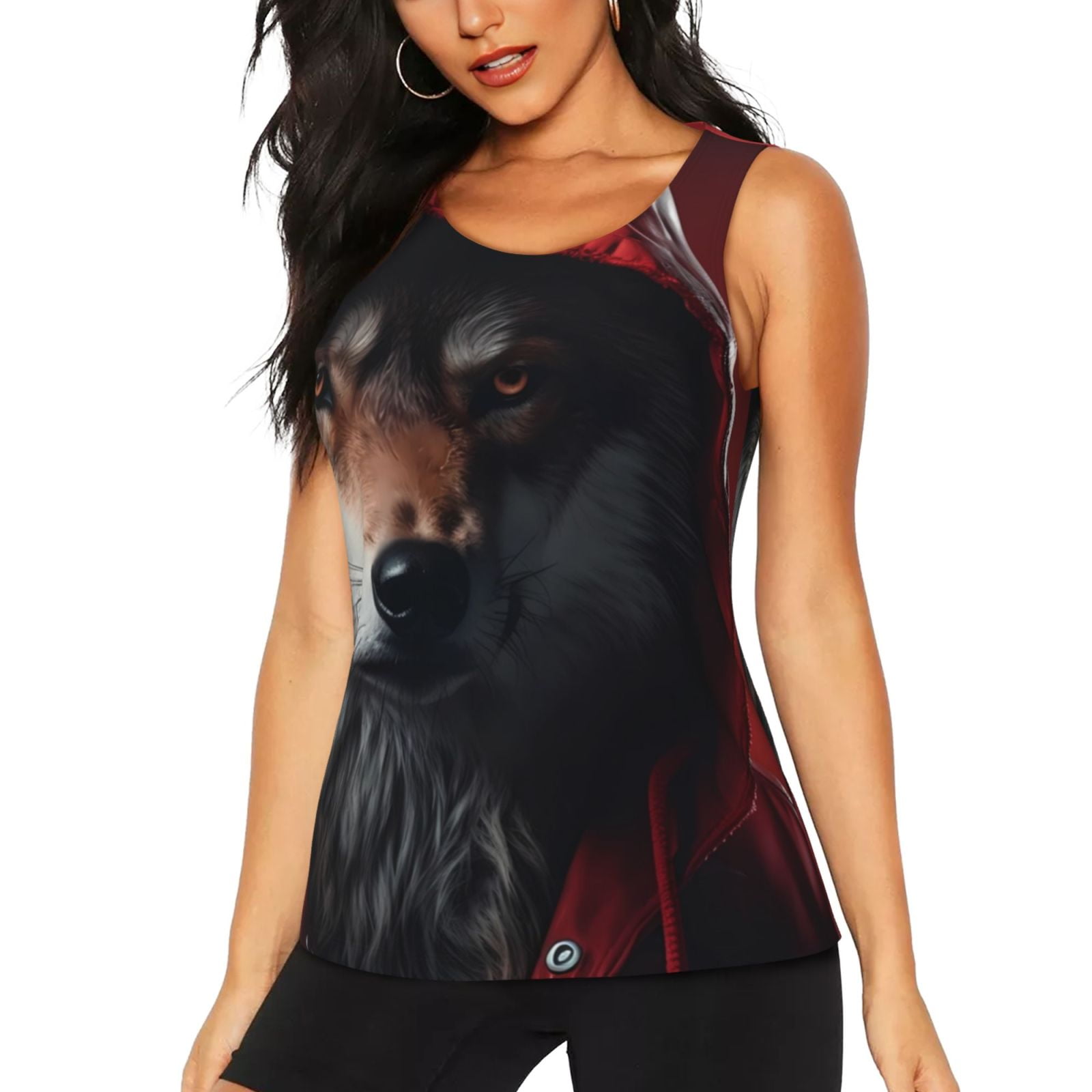 Adobk Mysterious Hooded Wolf Print Women's Workout Tank Top Racerback ...