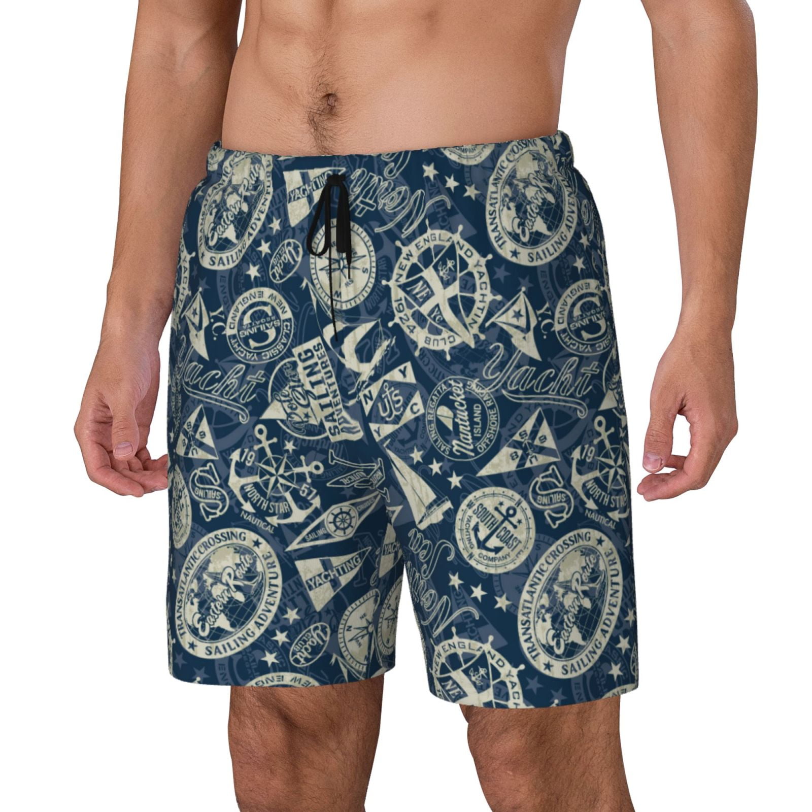 Adobk Nautical Style Print Men's Swim Trunks with Compression Liner ...