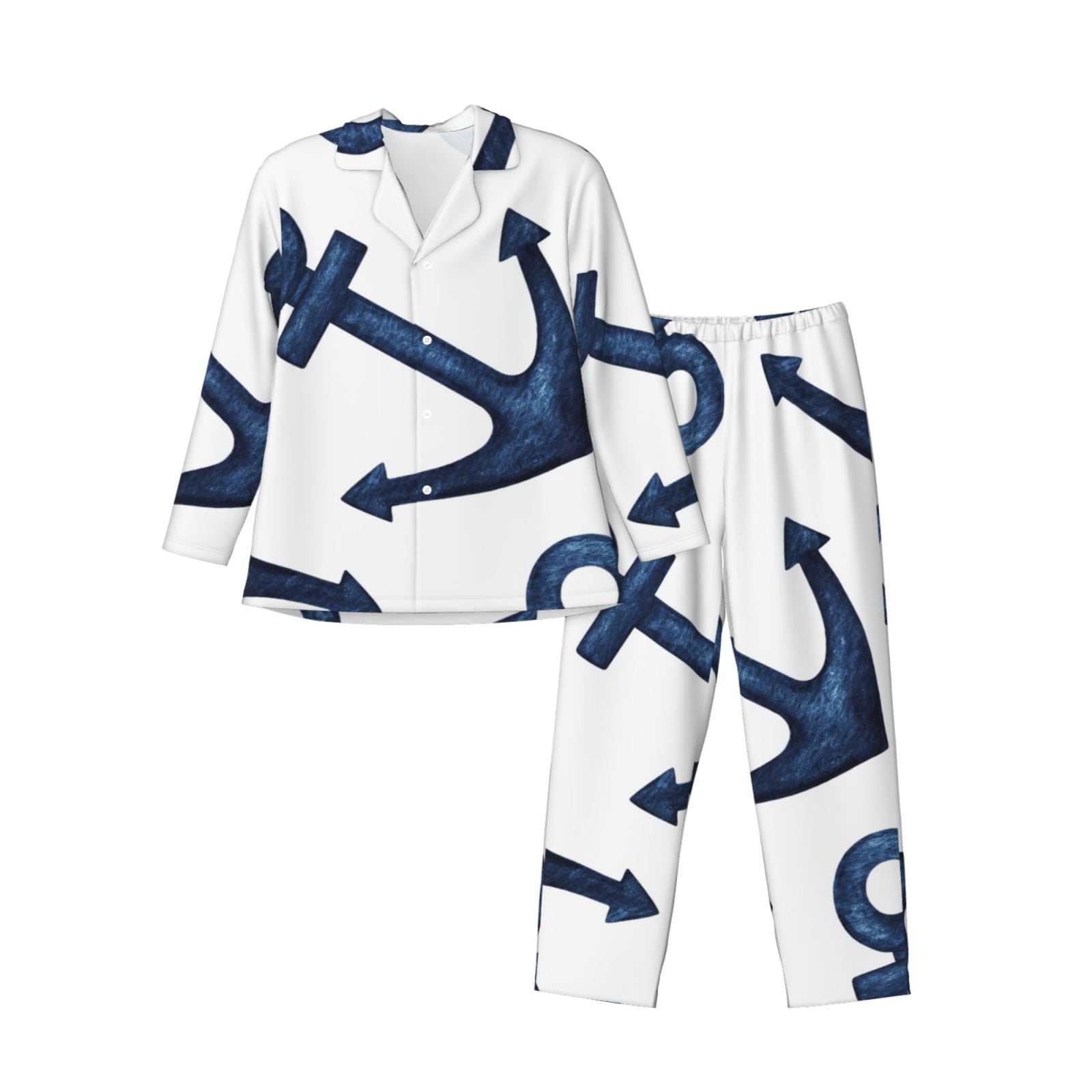 Adobk Navy Blue Anchor Print Mens Pajamas Set Long Sleeve Soft Pajamas ...