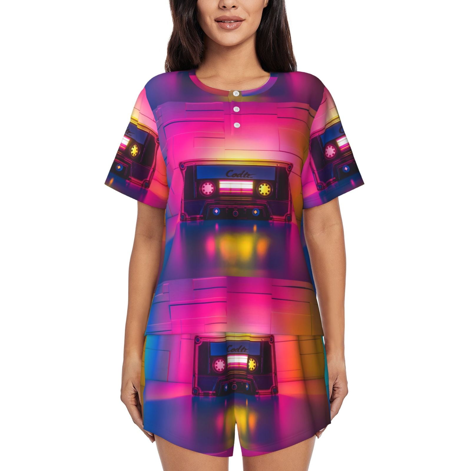 Adobk Neon Cassette Tape Print Women Pajamas Sets for Short-Sleeved ...