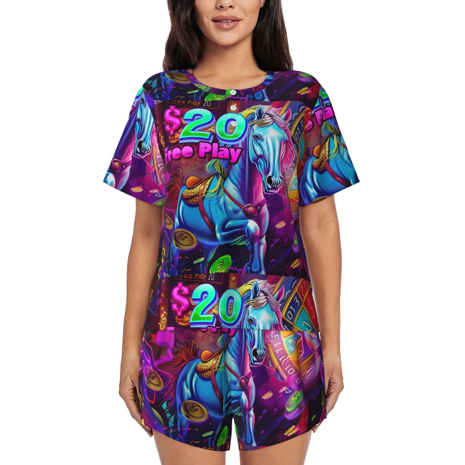 Adobk Neon Free Play Print Women Pajamas Sets for Short-Sleeved，Shorts ...