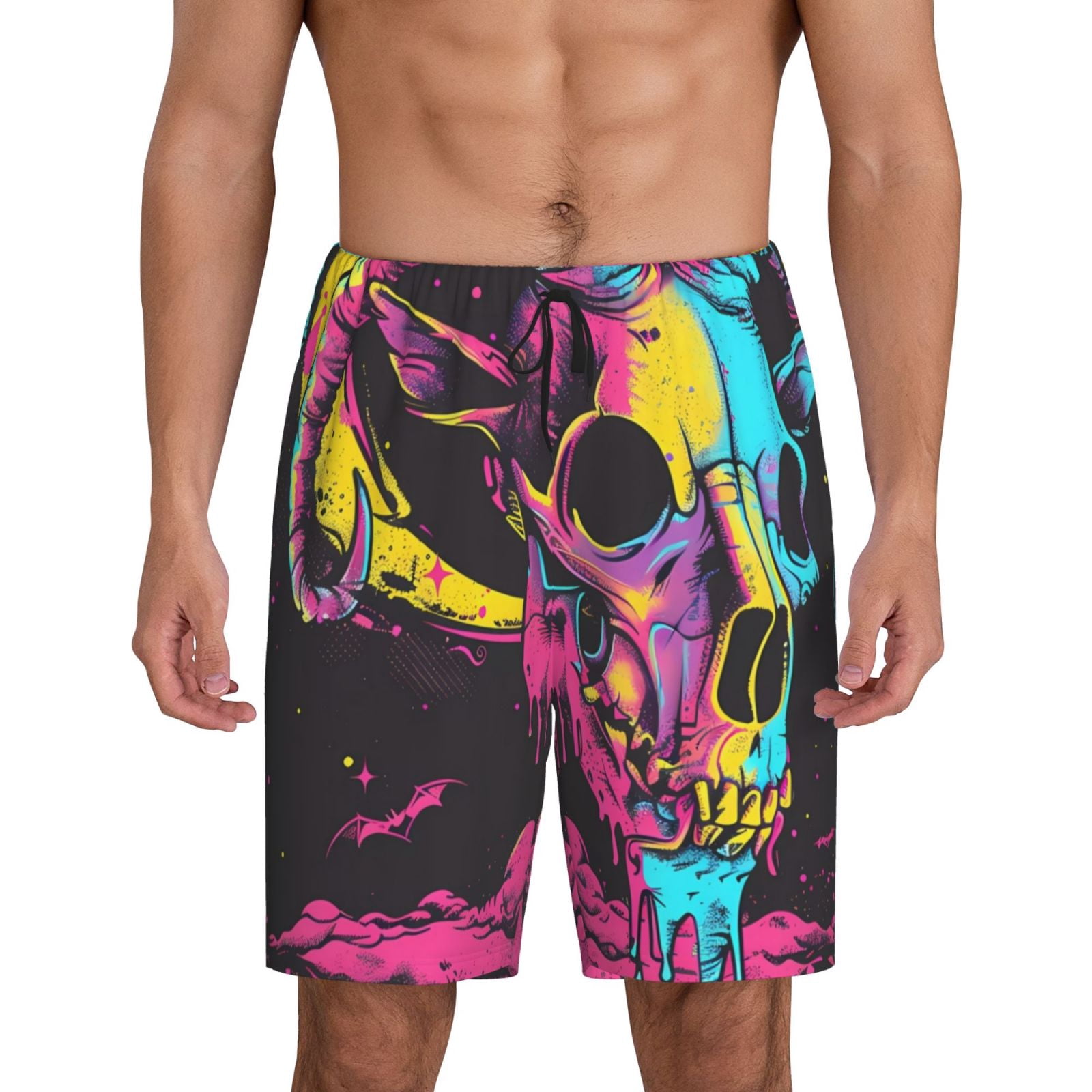 Adobk Neon Gothic Skull Moon Print Pajama Shorts for Men Pjs Bottoms ...