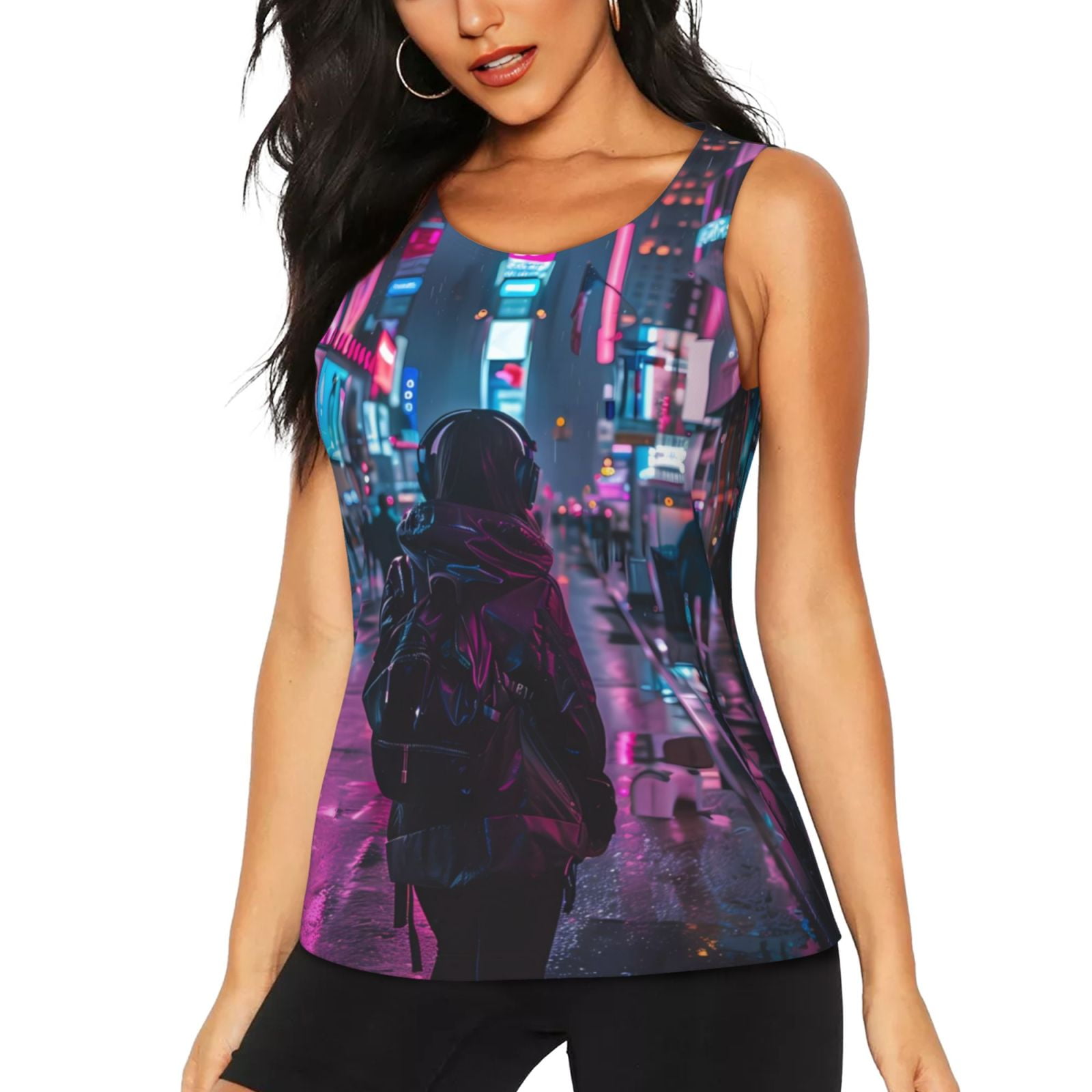 Adobk Neon Night Cityscape Print Women's Workout Tank Top Racerback ...