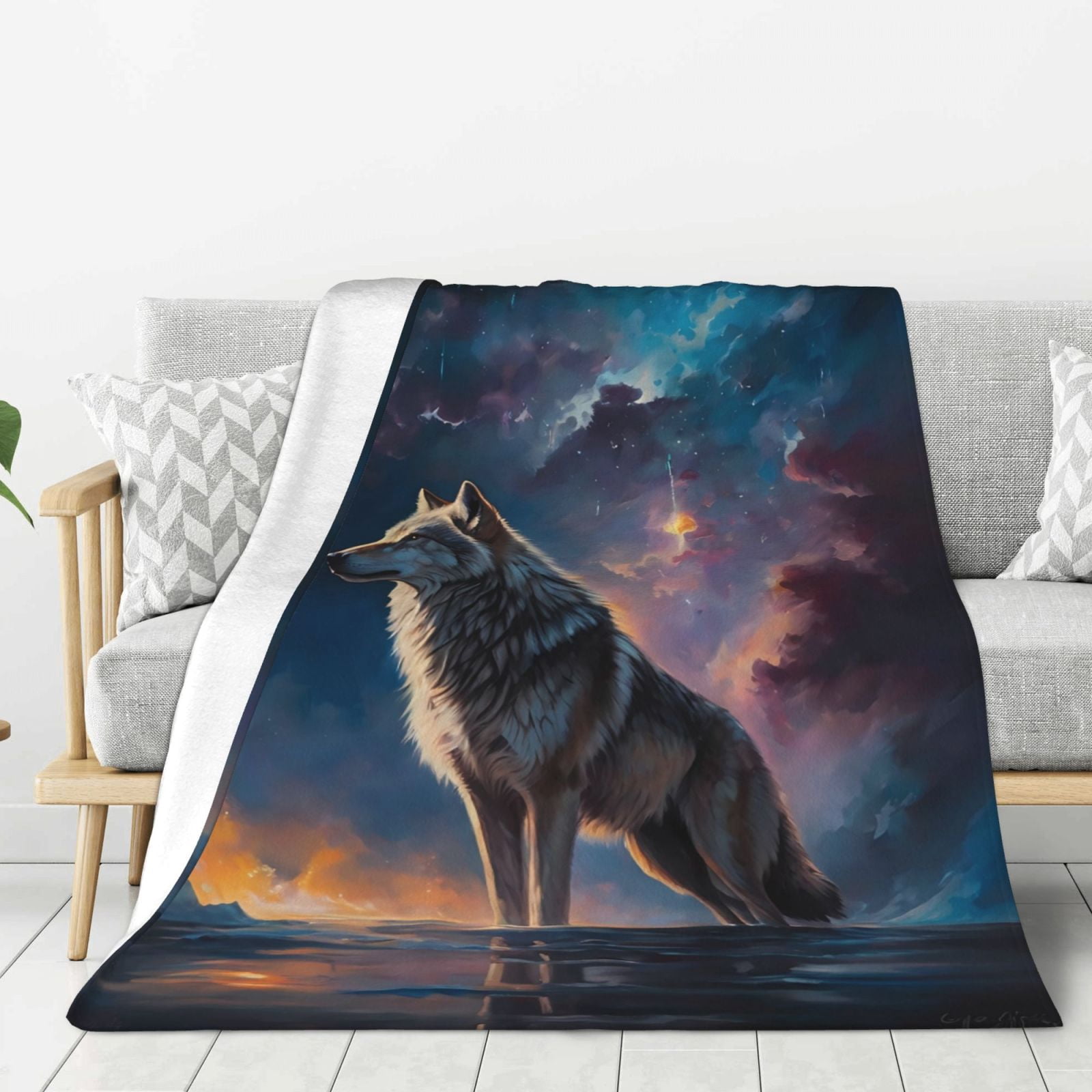Adobk Night Sky Wolf Print Blanket Super Soft Flannel Throw Blanket ...