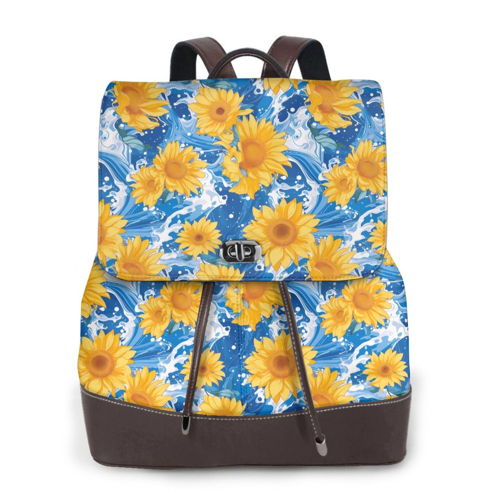 Adobk Ocean Wave Sunflower Print Leather Backpack Vintage Laptop ...