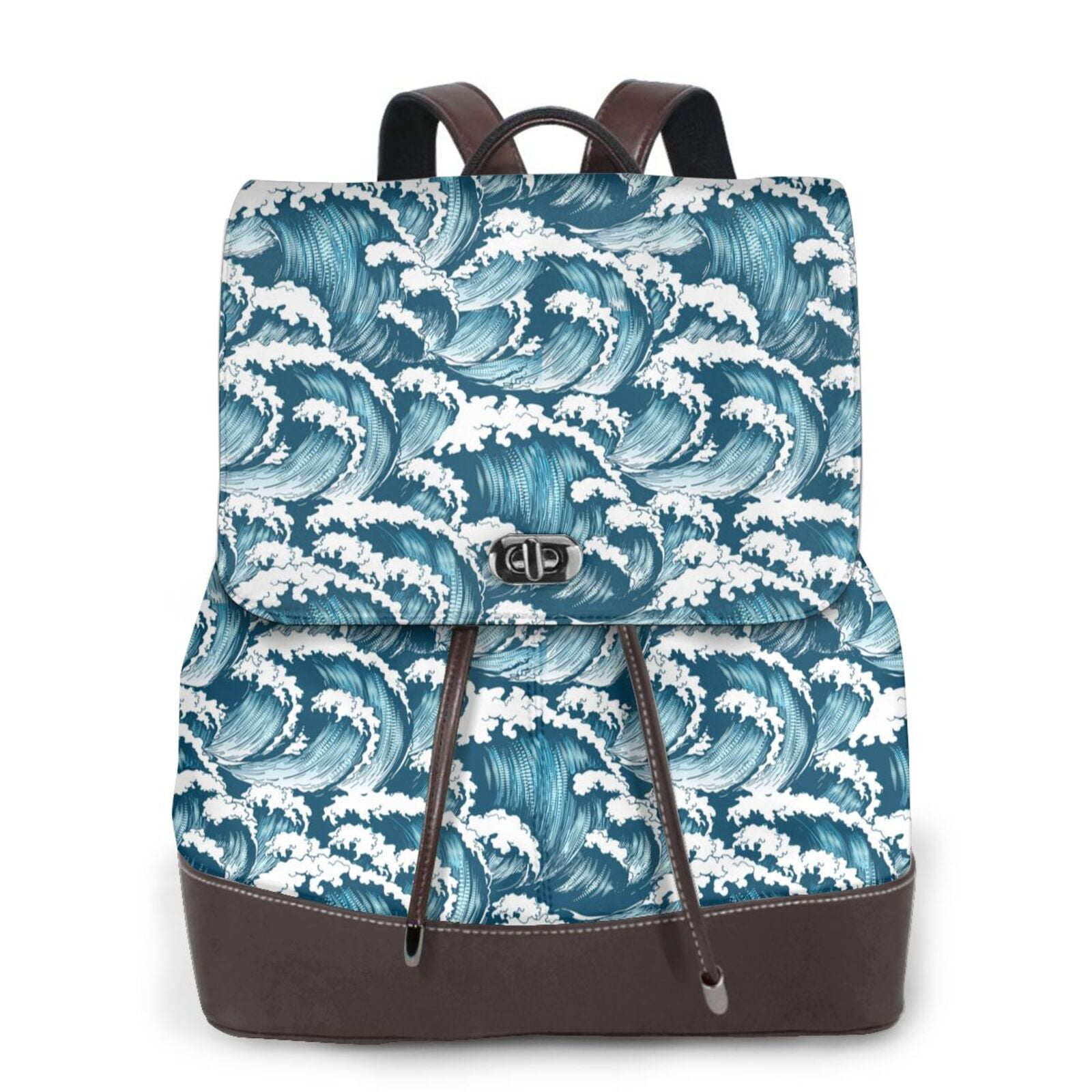 Adobk Ocean Waves Print Leather Backpack Vintage Laptop Bookbag for ...