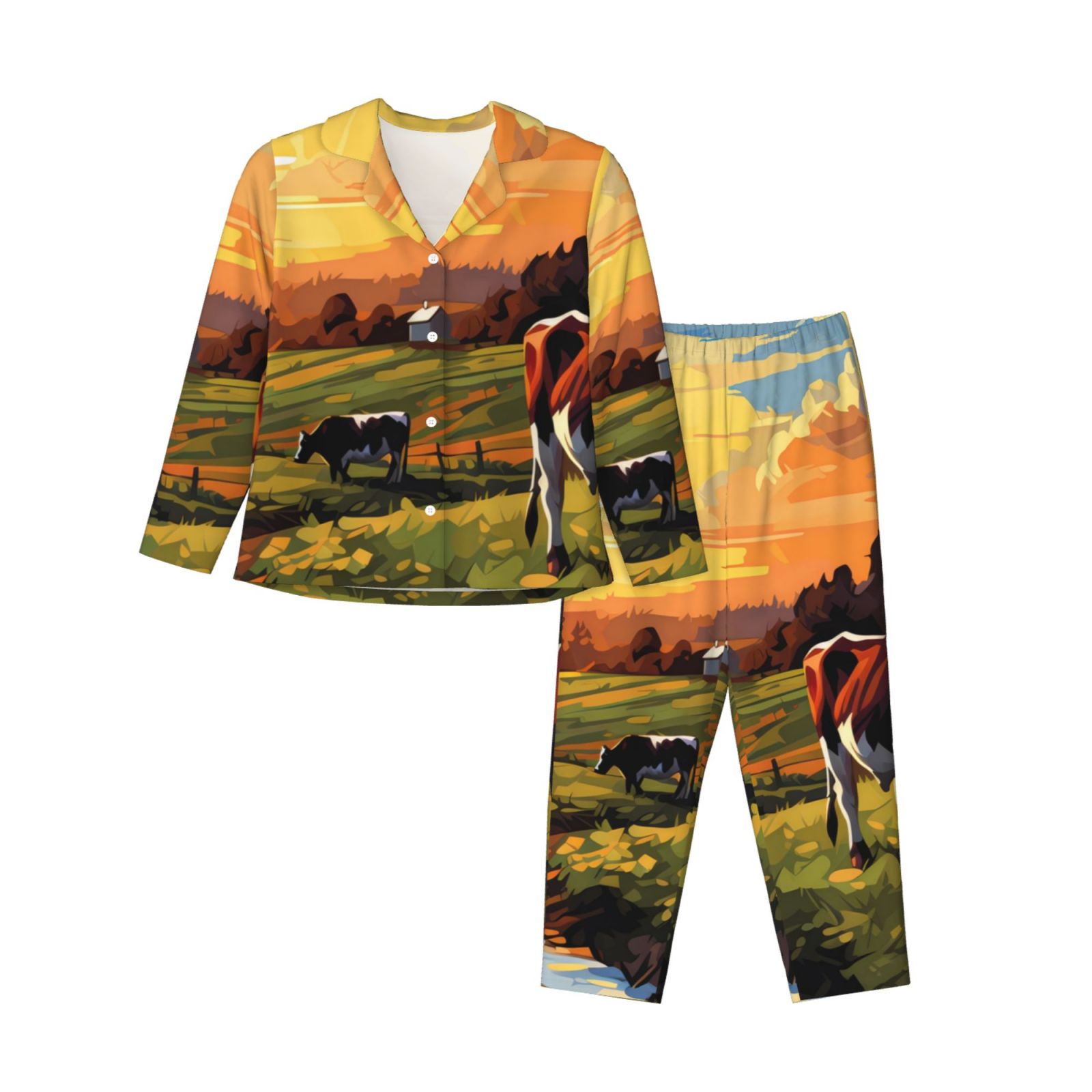 Adobk Oil Painting Style Pasture Cow Print Pajamas Set Long Sleeve ...