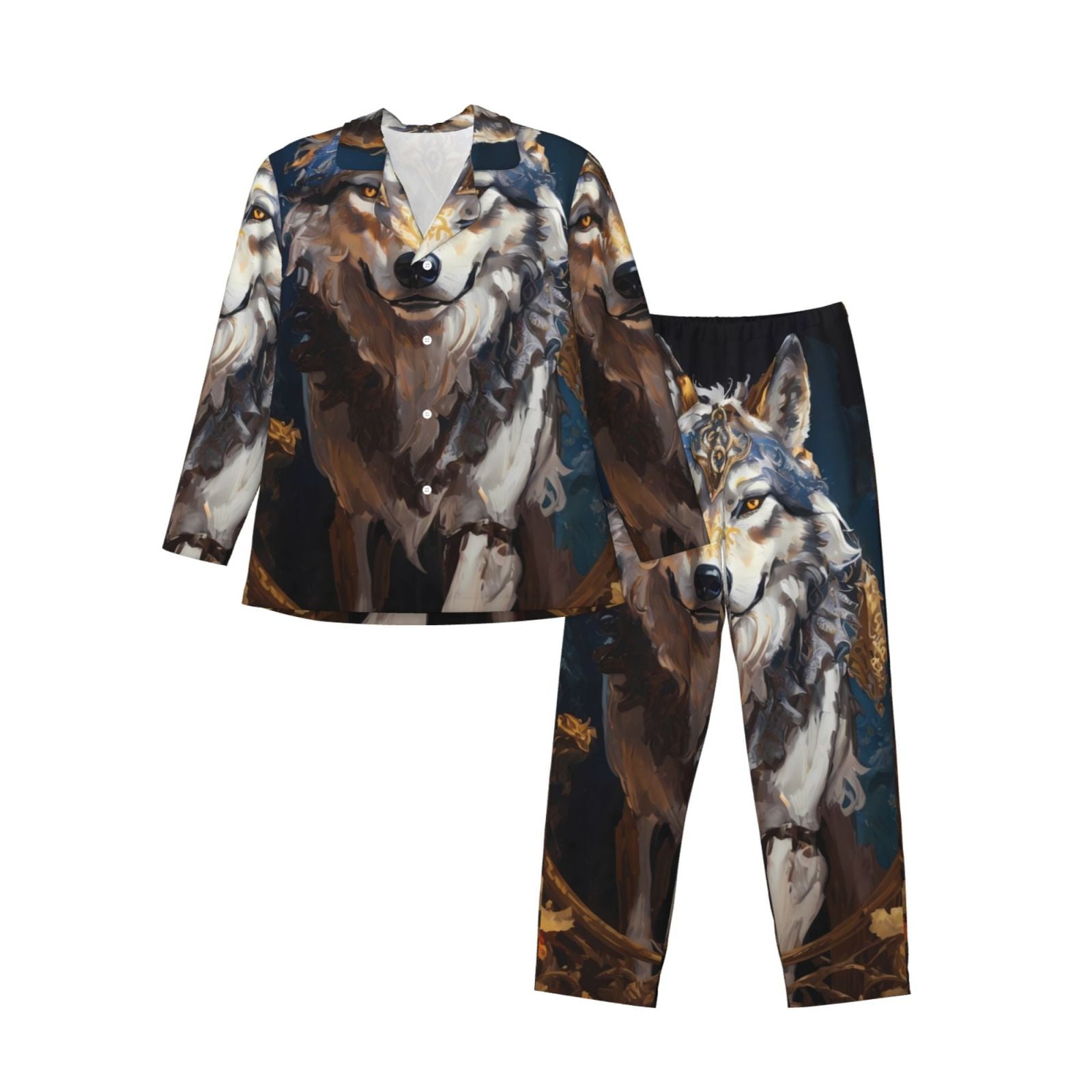 Adobk Oil Painting Tribal Wolf Print Mens Pajamas Set Long Sleeve Soft ...