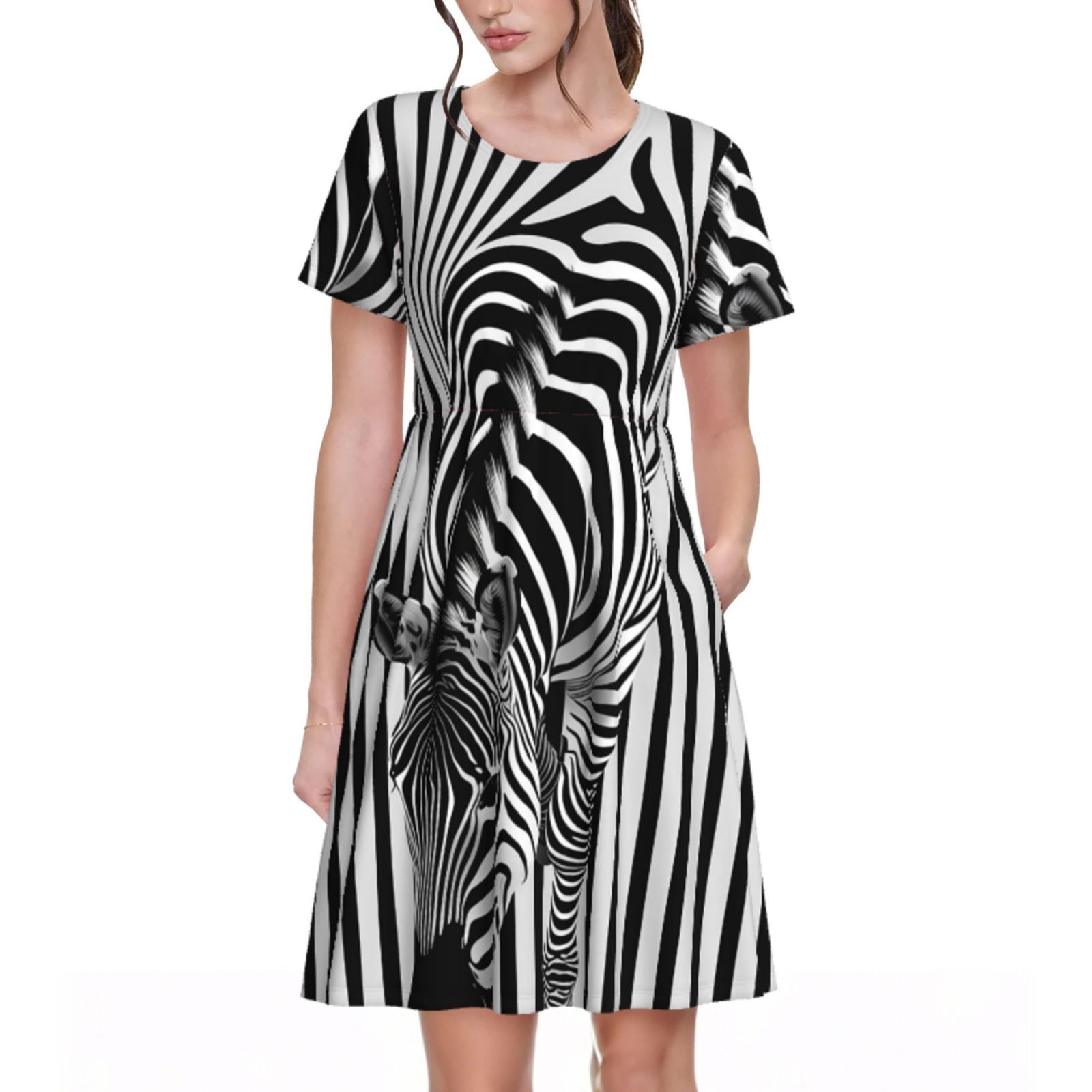 Adobk Optical Zebra Illusion Print Women’s Short Sleeve Dress ...