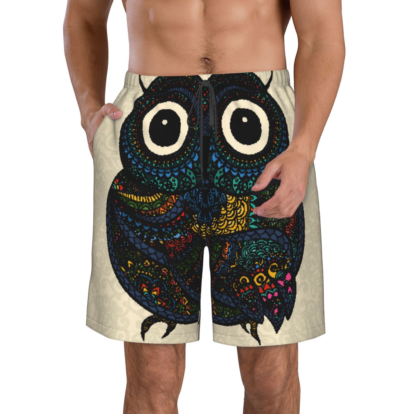Adobk Owl with Mandala Print Men's Swim Trunks Hawaiian Bathing Suit ...