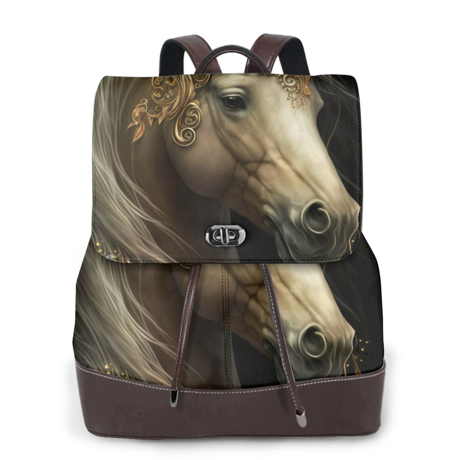 Adobk Palatial Gold Pattern Horse Print Leather Backpack Vintage Laptop ...