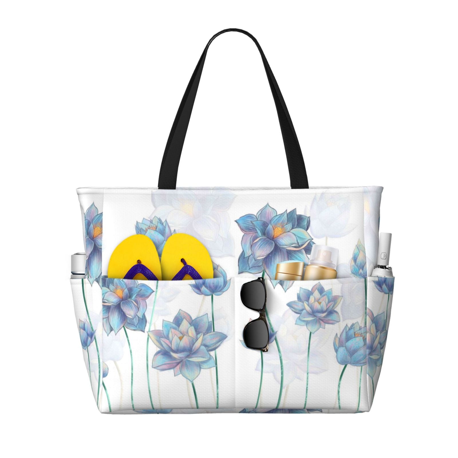 Adobk Pale Blue Lotus Flowers Print Beach Bag for Women Large Beach ...