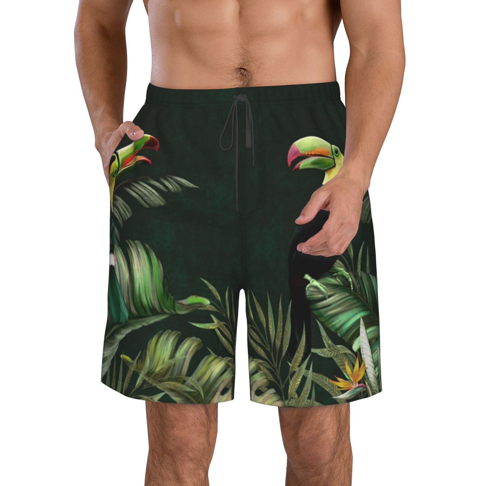 Adobk Palm Leaves And Exotic Birds Print Men's Swim Trunks Hawaiian ...