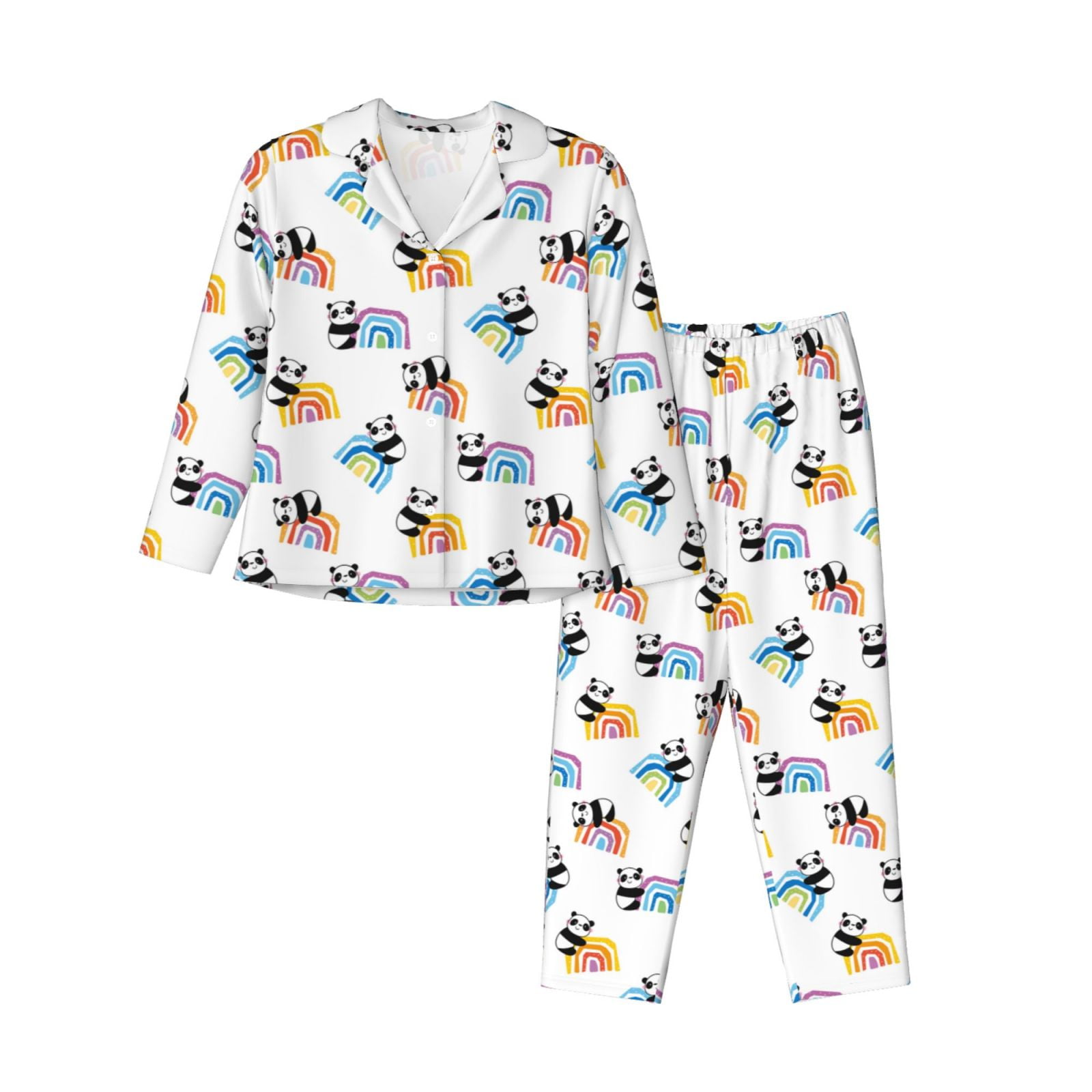 Adobk Panda And Rainbow Print Pajamas Set Long Sleeve Sleepwear Womens ...