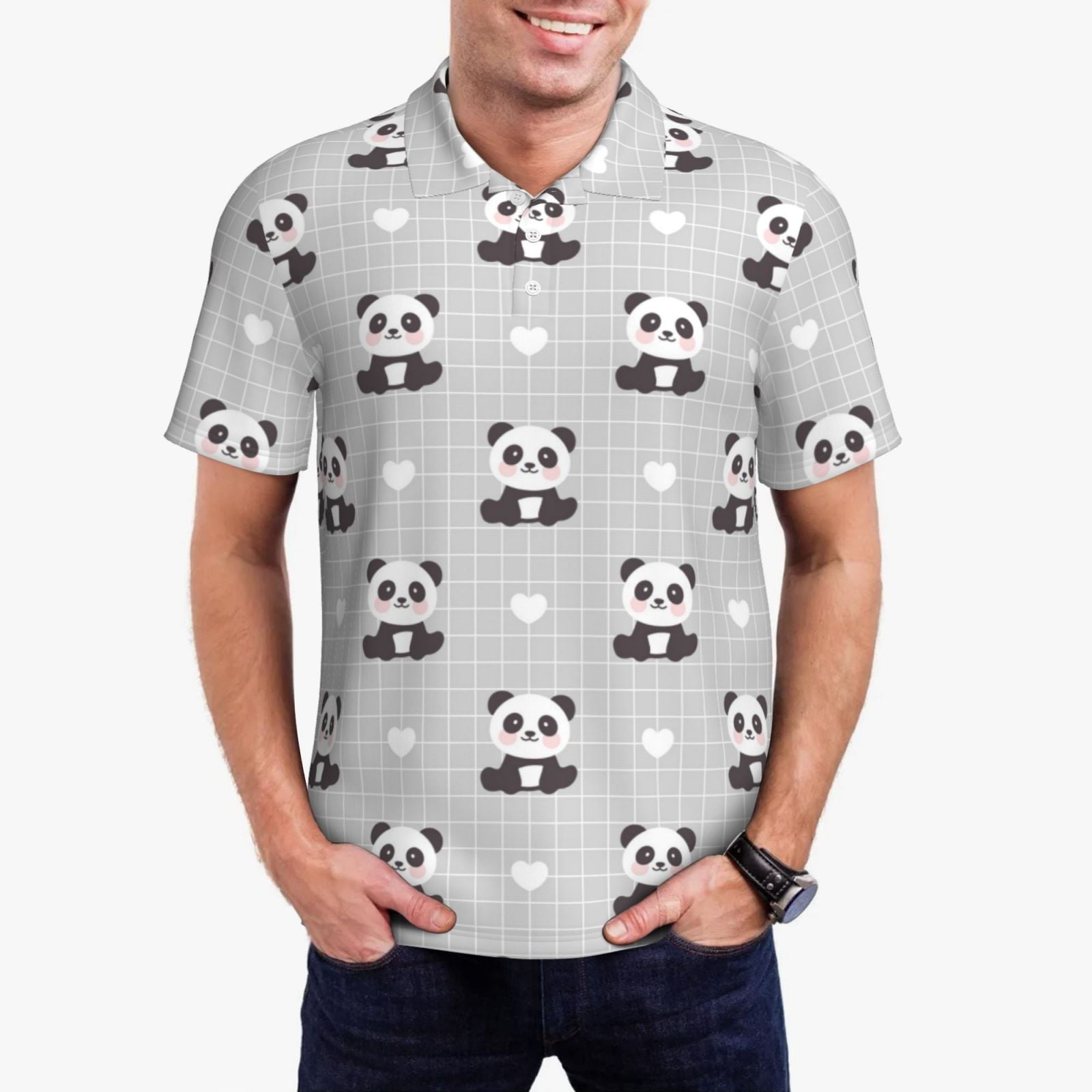 Adobk Panda Bear Print Men’s Classic Polo Shirt Short Sleeve Shirts ...