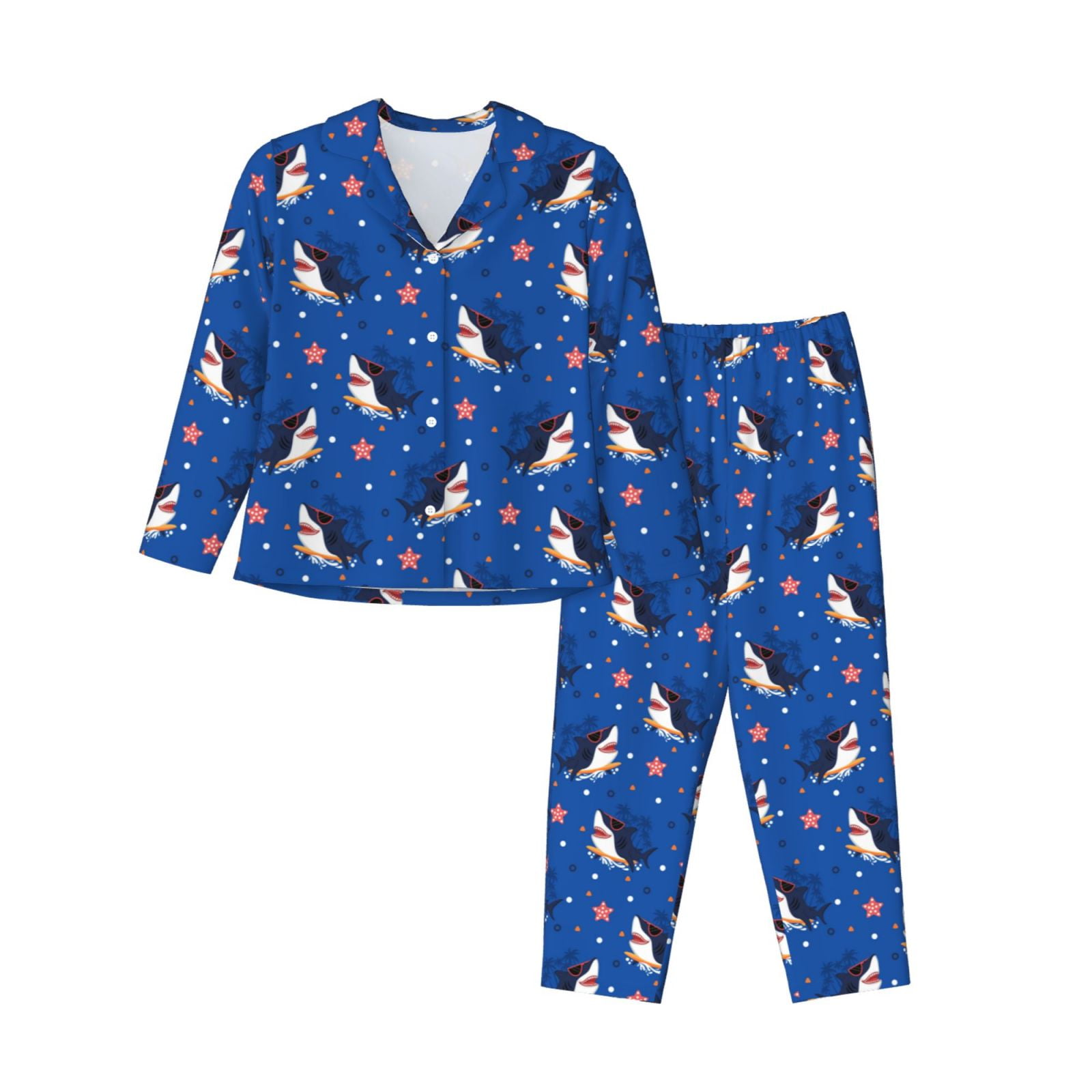 Adobk Party Shark Cute Print Pajamas Set Long Sleeve Sleepwear Womens