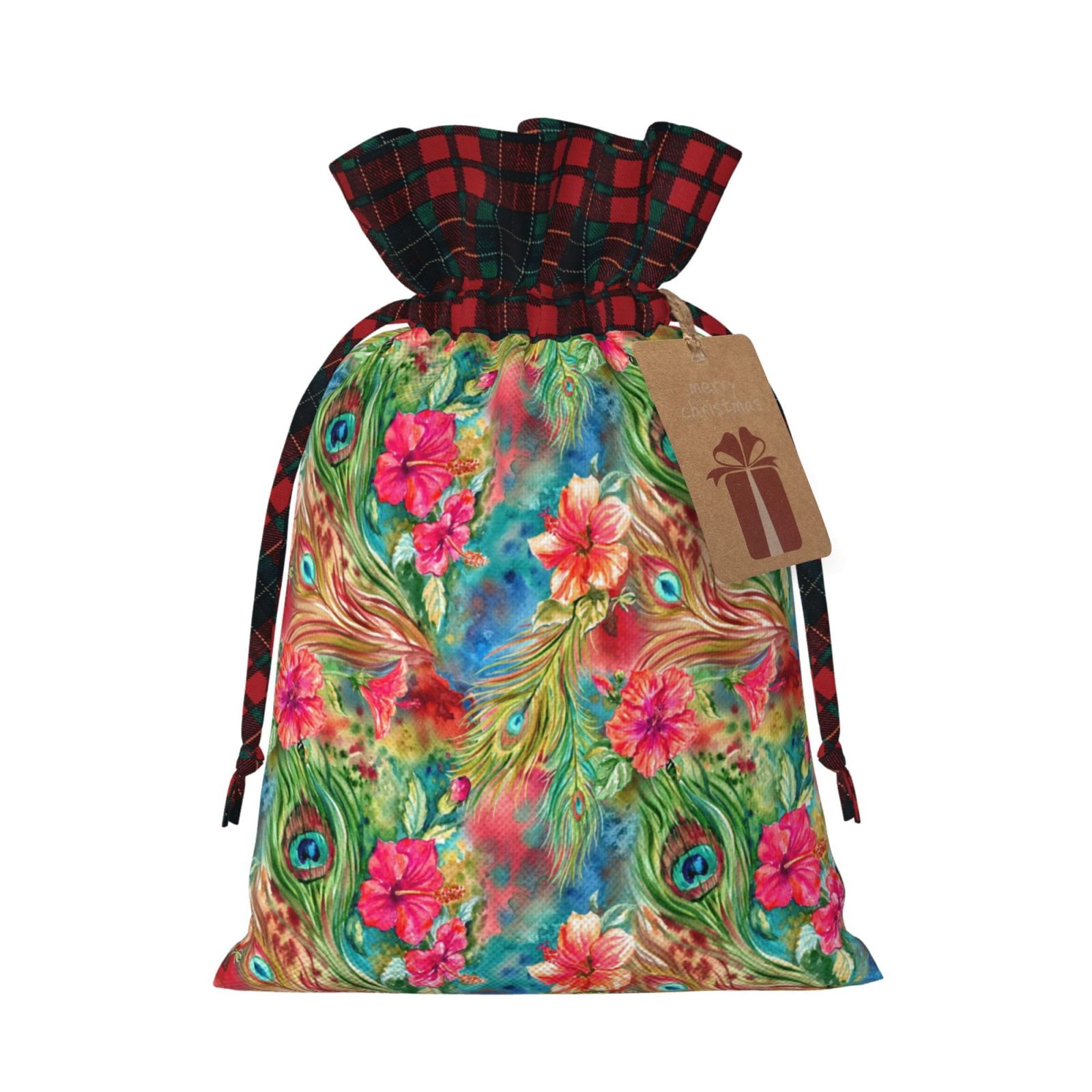 Adobk Peacock Feathers And Flowers Print Holiday Drawstring Gift Bags ...